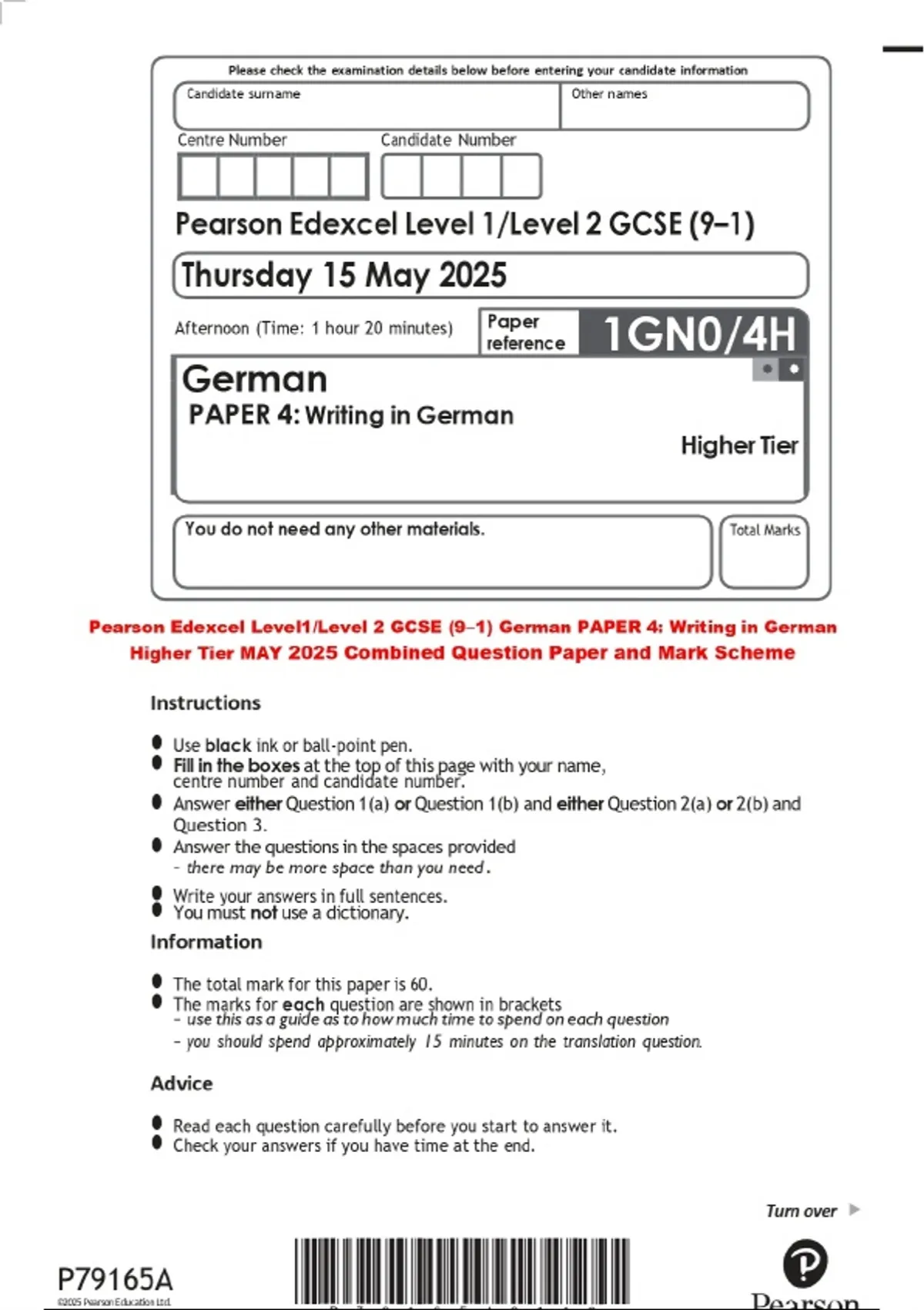 Pearson Edexcel Level1/Level 2 GCSE (9–1) German PAPER 4: Writing in ...