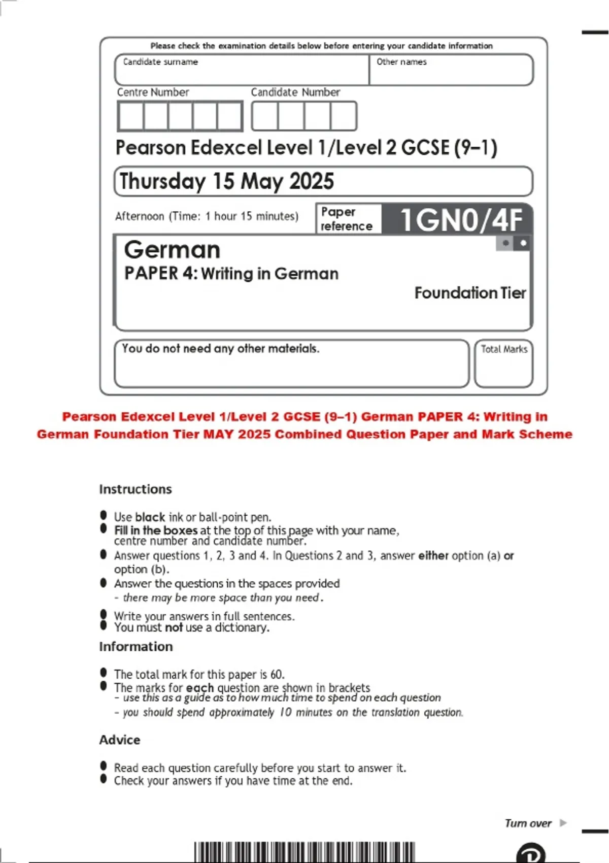 Pearson Edexcel Level 1/Level 2 GCSE (9–1) German PAPER 4: Writing in ...