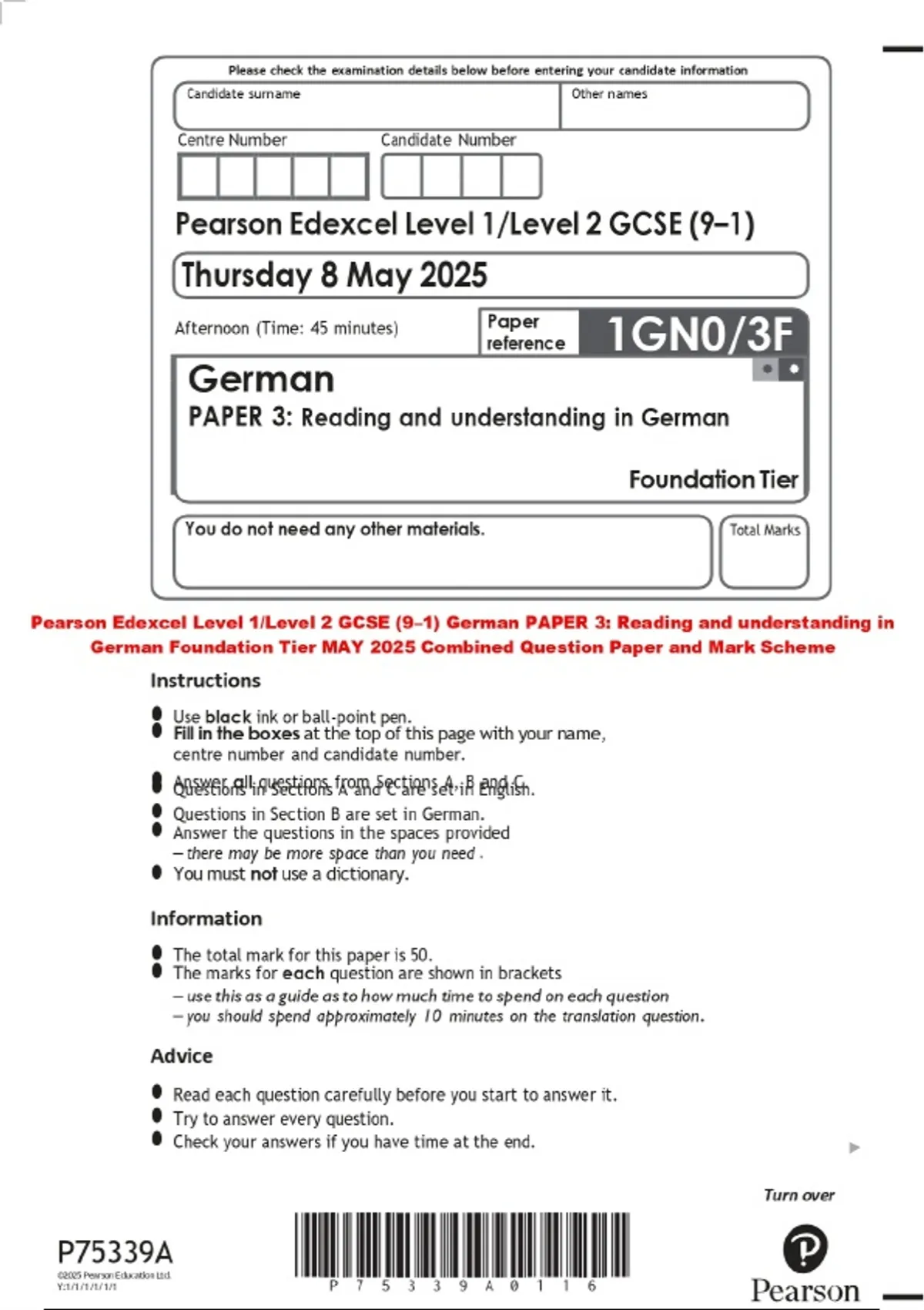 Pearson Edexcel Level 1/Level 2 GCSE (9–1) German PAPER 3: Reading and ...