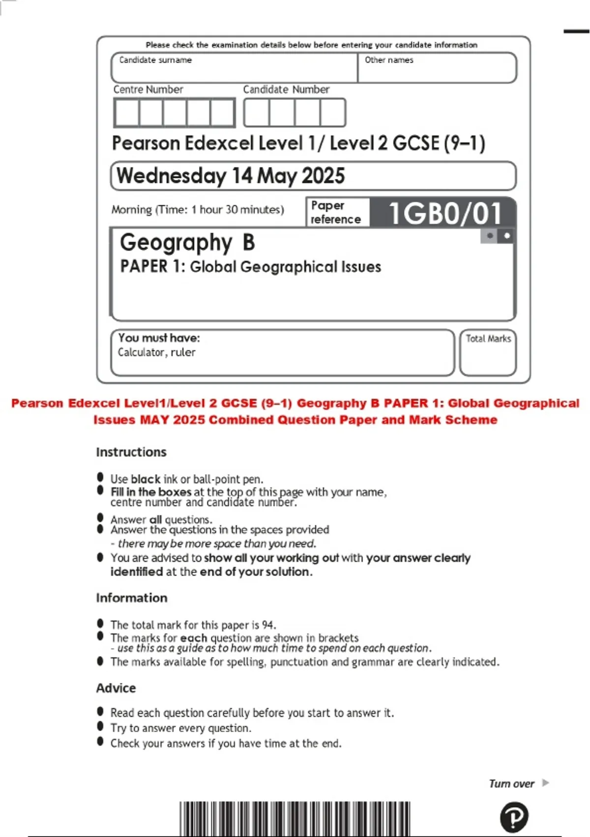 Pearson Edexcel Level1/Level 2 GCSE (9–1) Geography B PAPER 1: Global ...