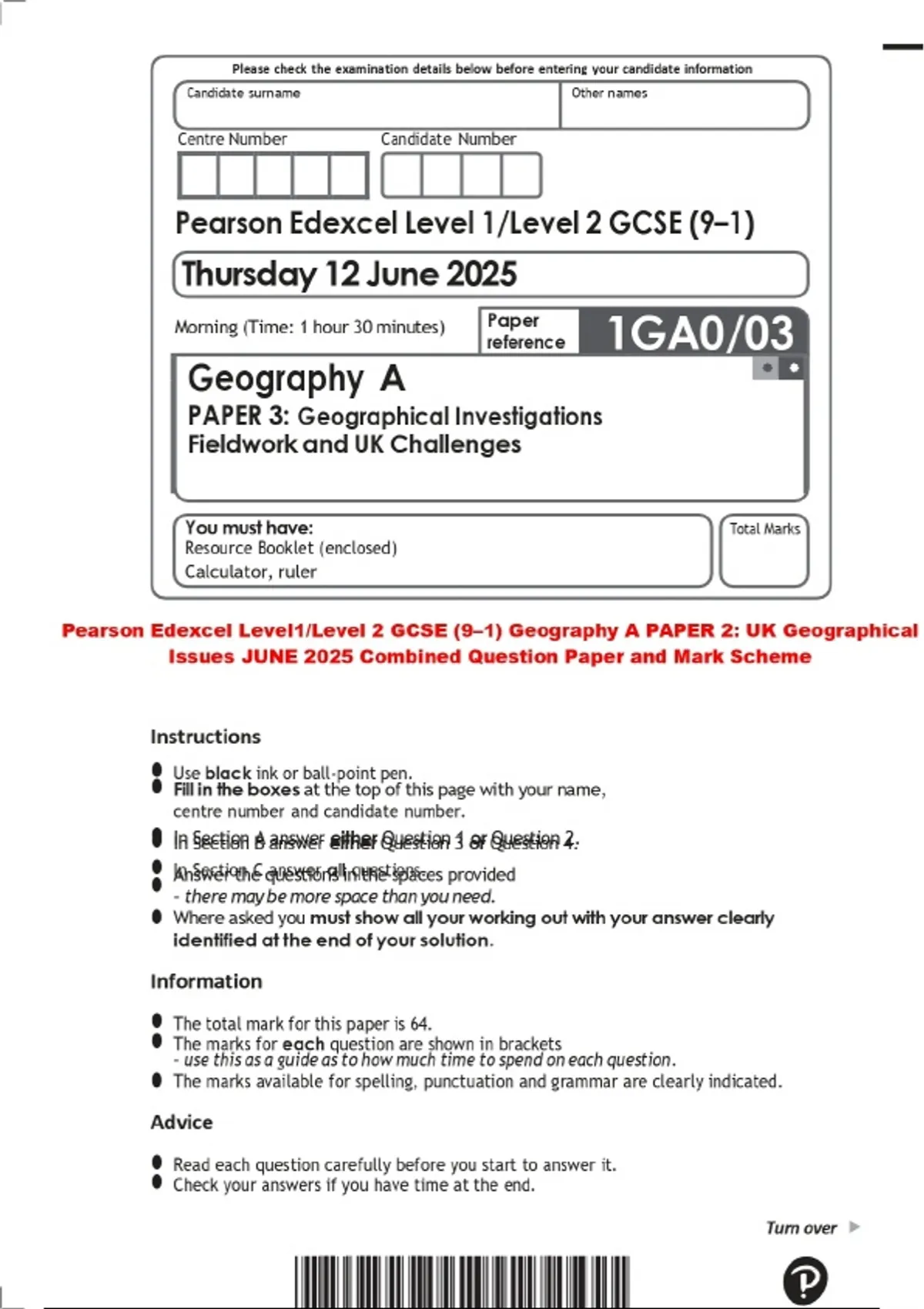 Pearson Edexcel Level1/Level 2 GCSE (9–1) Geography A PAPER 2: UK ...