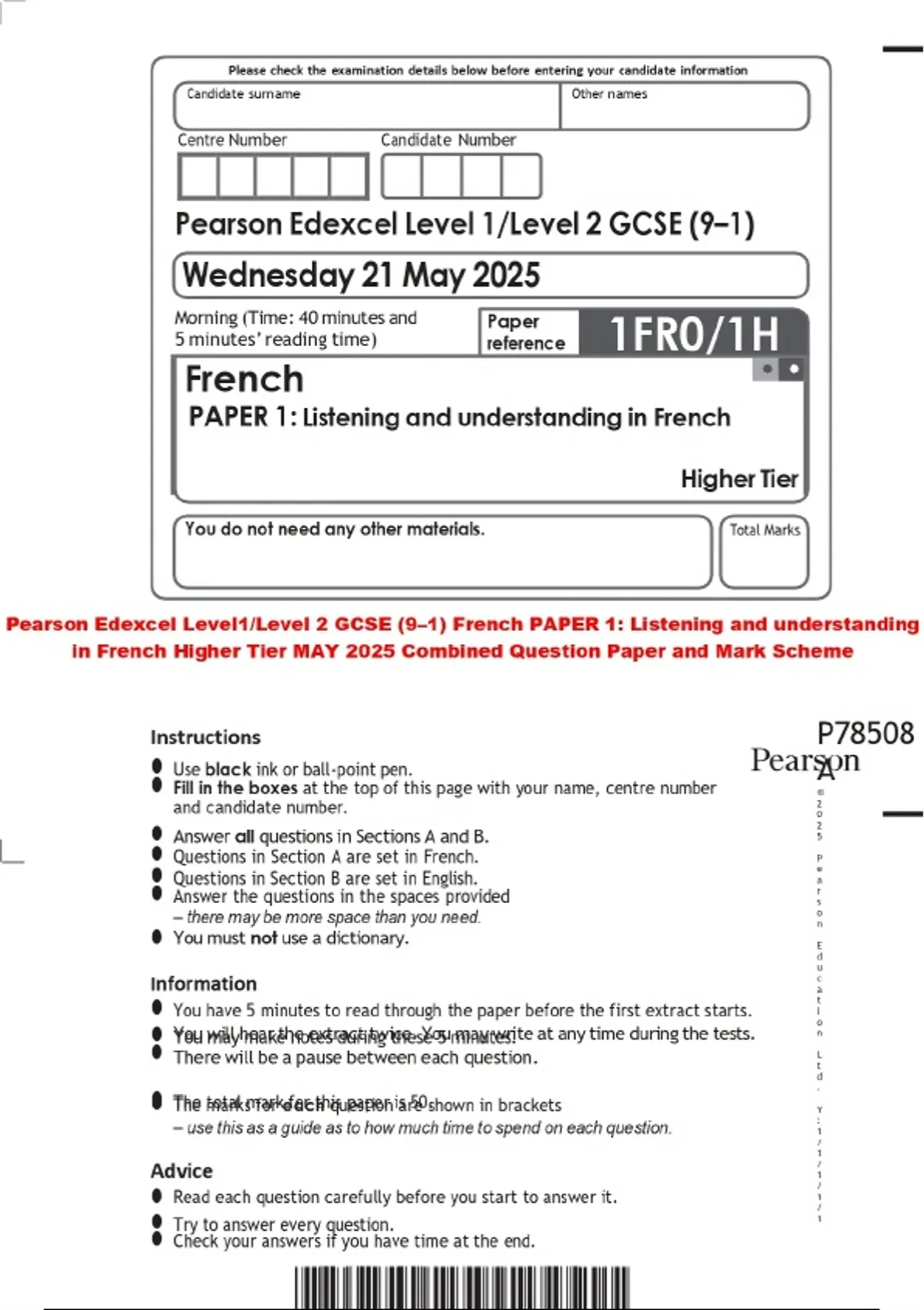 Pearson Edexcel Level1/Level 2 GCSE (9–1) French PAPER 1: Listening and ...