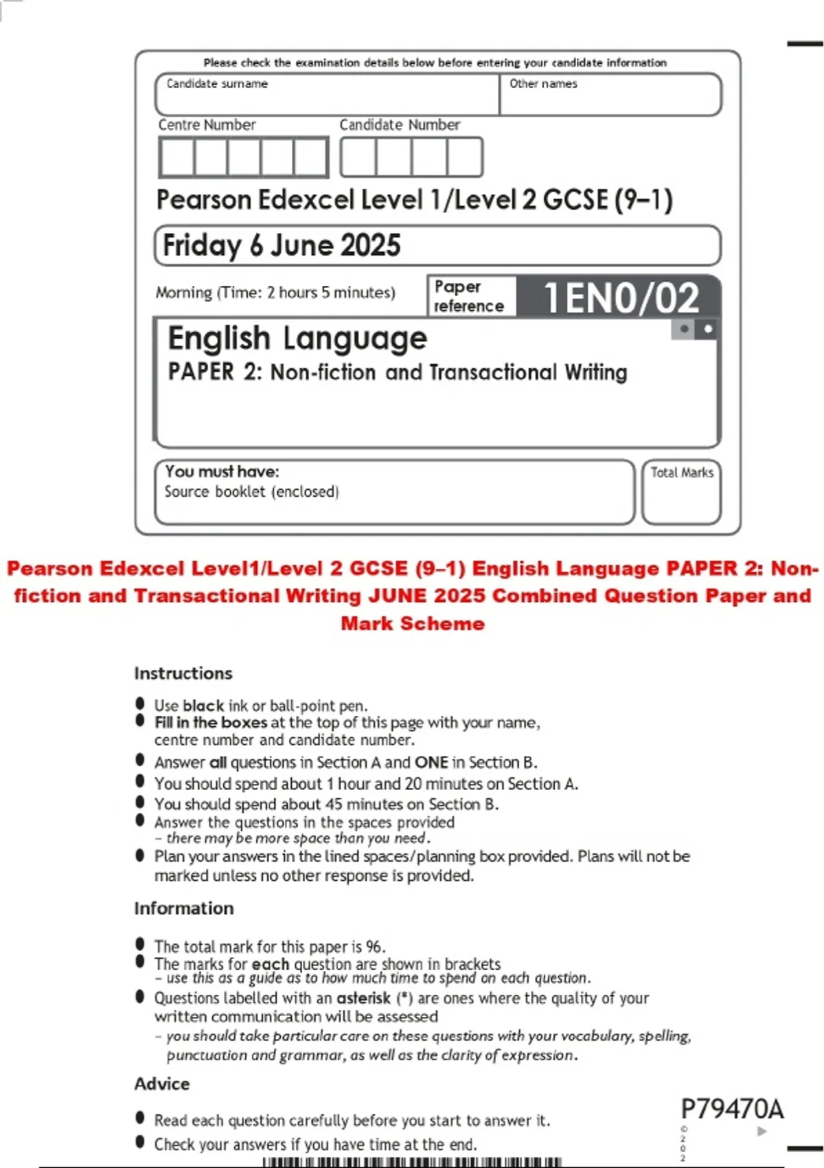 Pearson Edexcel Level1/Level 2 GCSE (9–1) English Language PAPER 2: Non ...