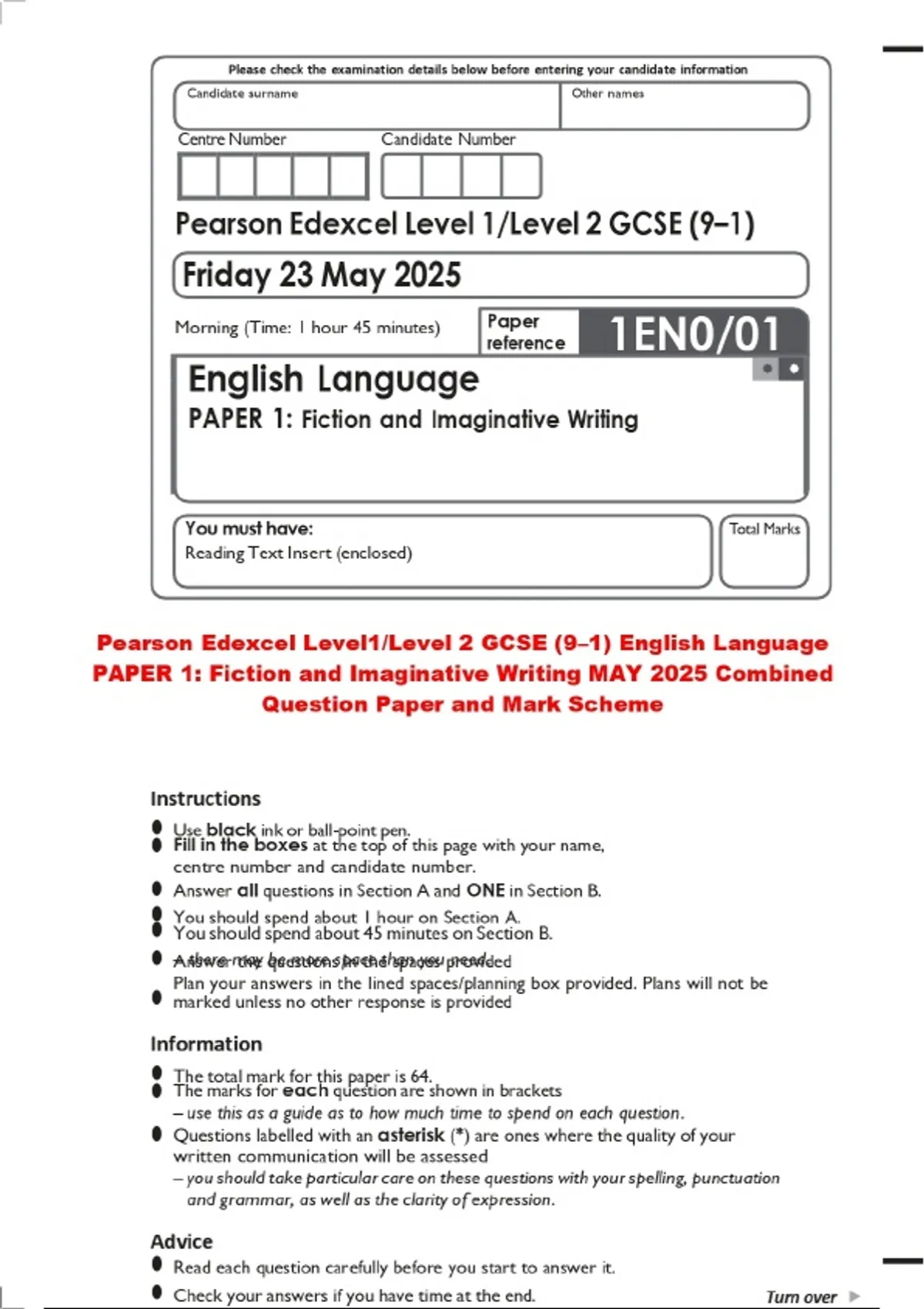 Pearson Edexcel Level1/Level 2 GCSE (9–1) English Language PAPER 1 ...