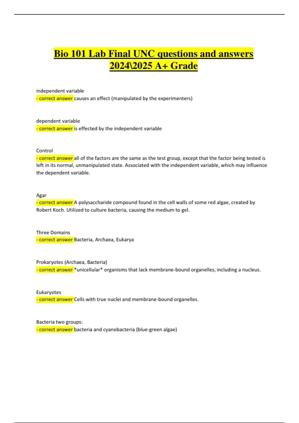 BIO 101 Lab Final – UNC | Verified Questions and Correct Answers | 2024 ...