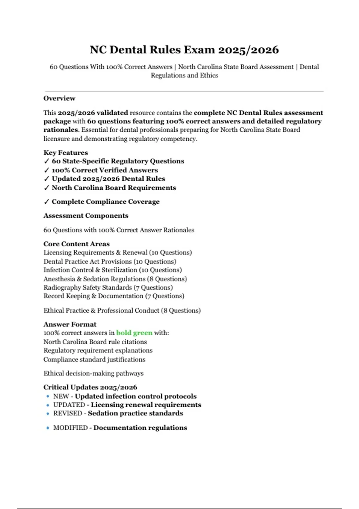 NC Dental Rules Exam 2025/2026 | 60 Questions With 100% Correct Answers ...