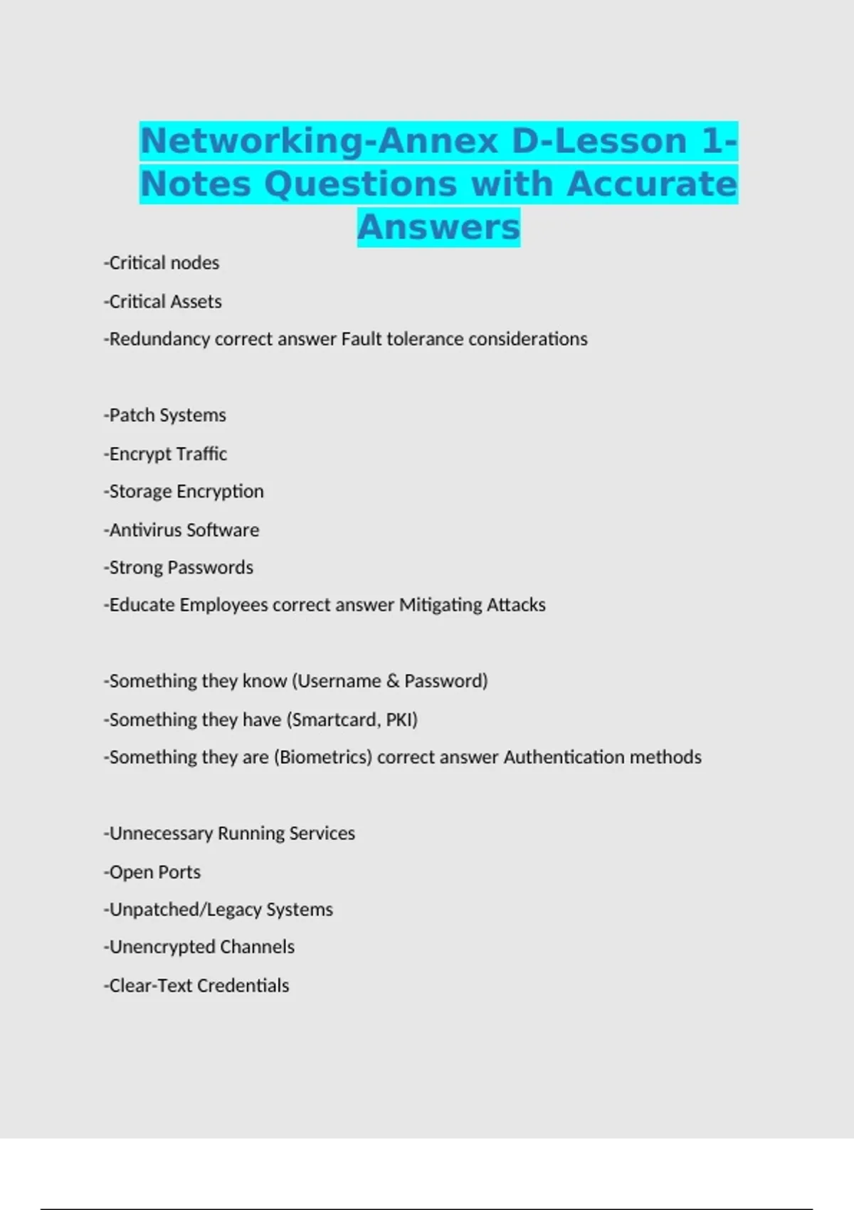 Networking-Annex D-Lesson 1-Notes Questions with Accurate Answers ...