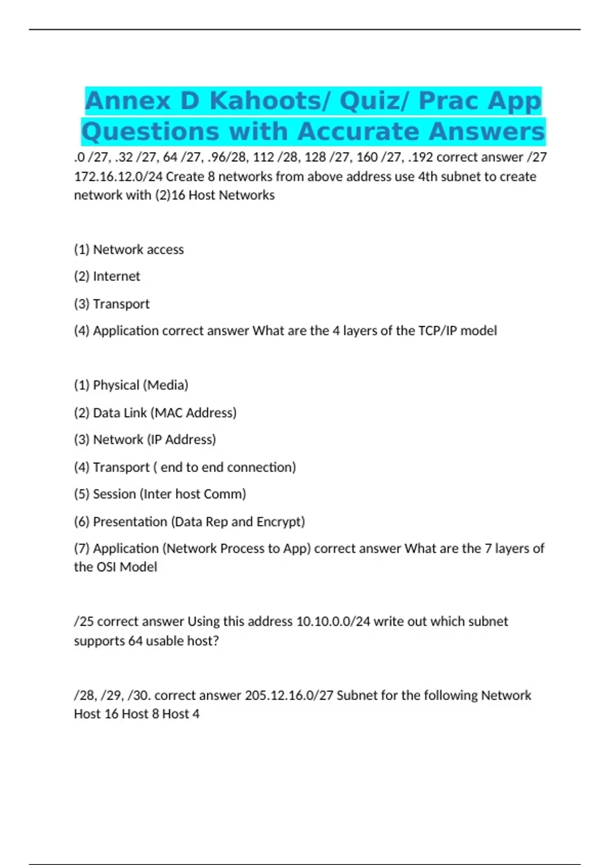 Annex D Kahoots/ Quiz/ Prac App Questions with Accurate Answers ...