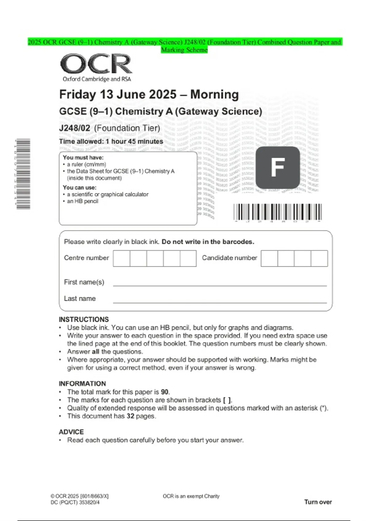 2025 OCR GCSE (9–1) Chemistry A (Gateway Science) J248/02 (Foundation ...