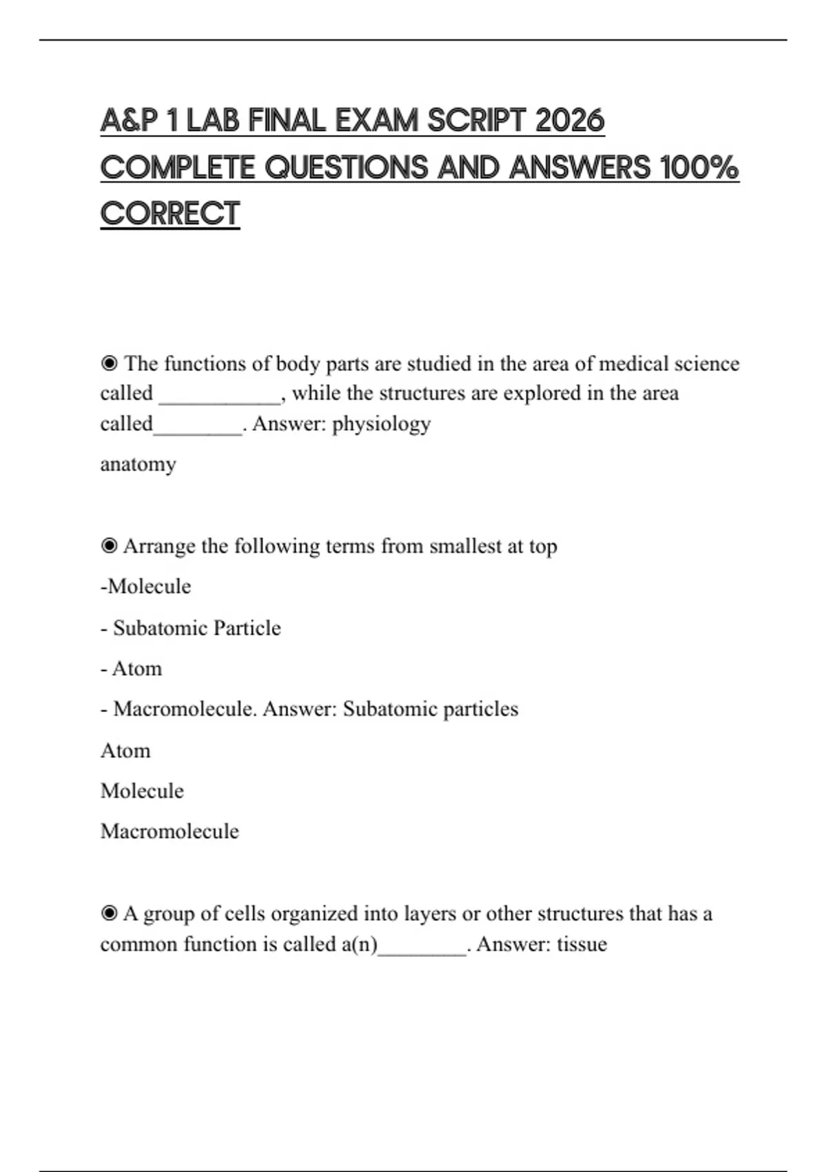 A&P 1 LAB FINAL EXAM SCRIPT 2026 COMPLETE QUESTIONS AND ANSWERS 100% ...