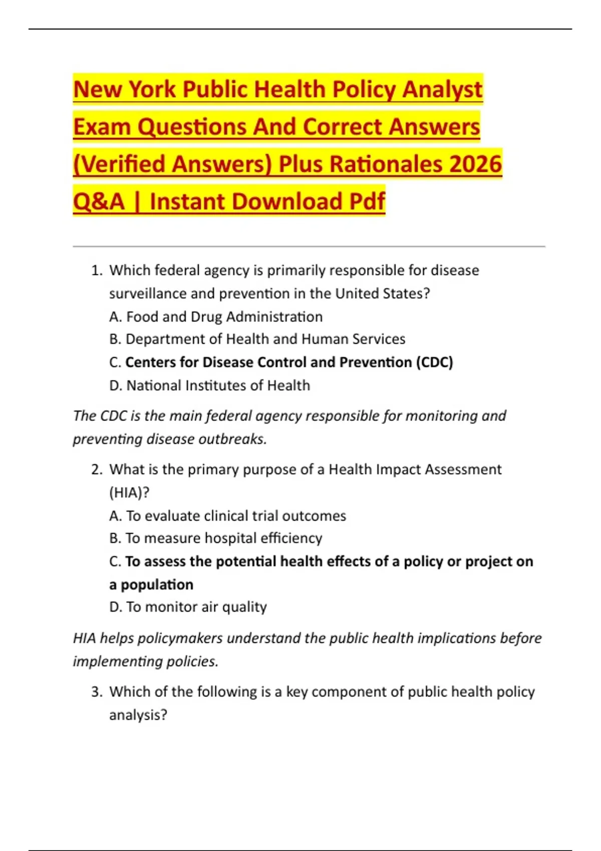 New York Public Health Policy Analyst Exam Questions And Correct ...