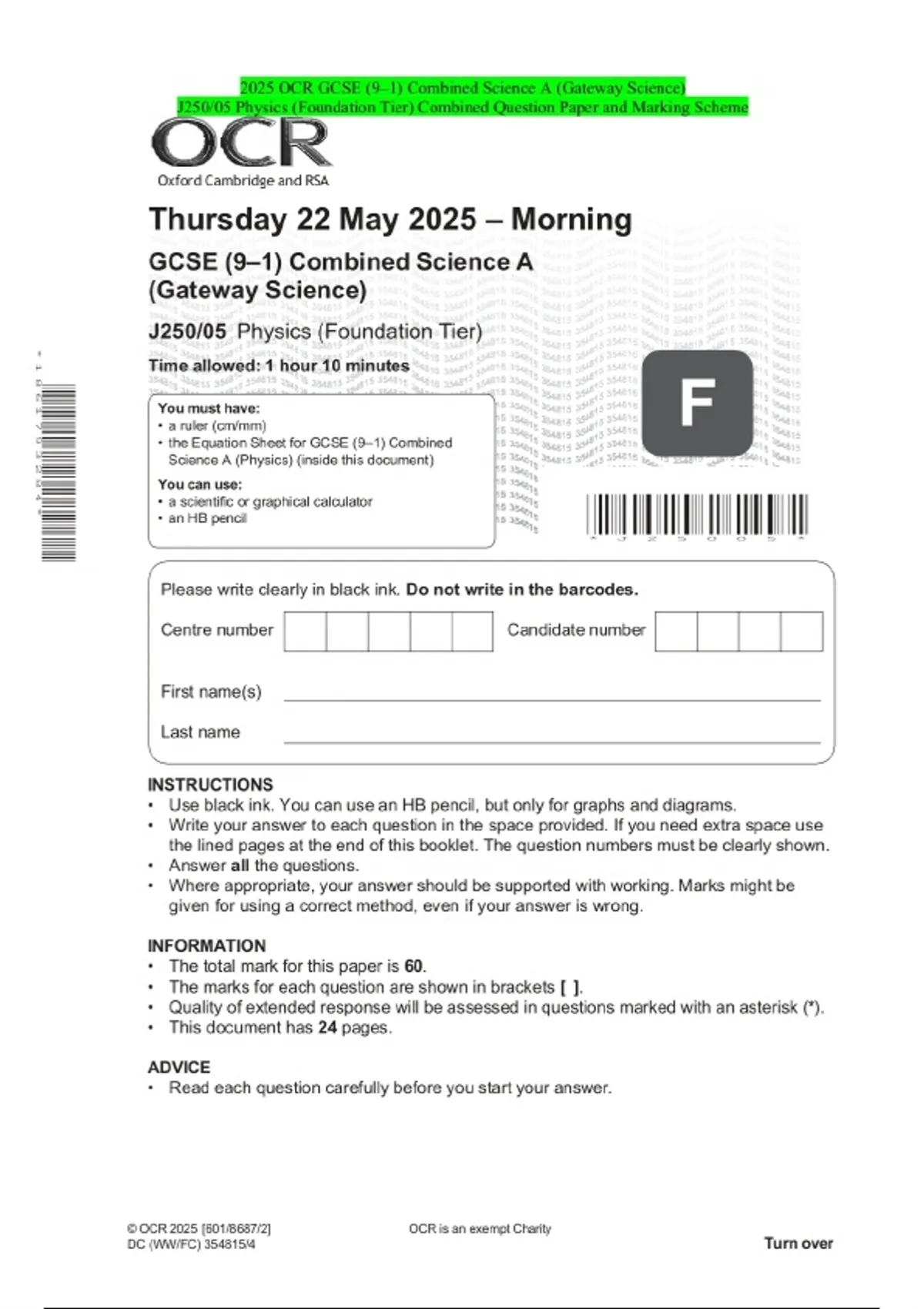2025 OCR GCSE (9–1) Combined Science A (Gateway Science) J250/05 ...