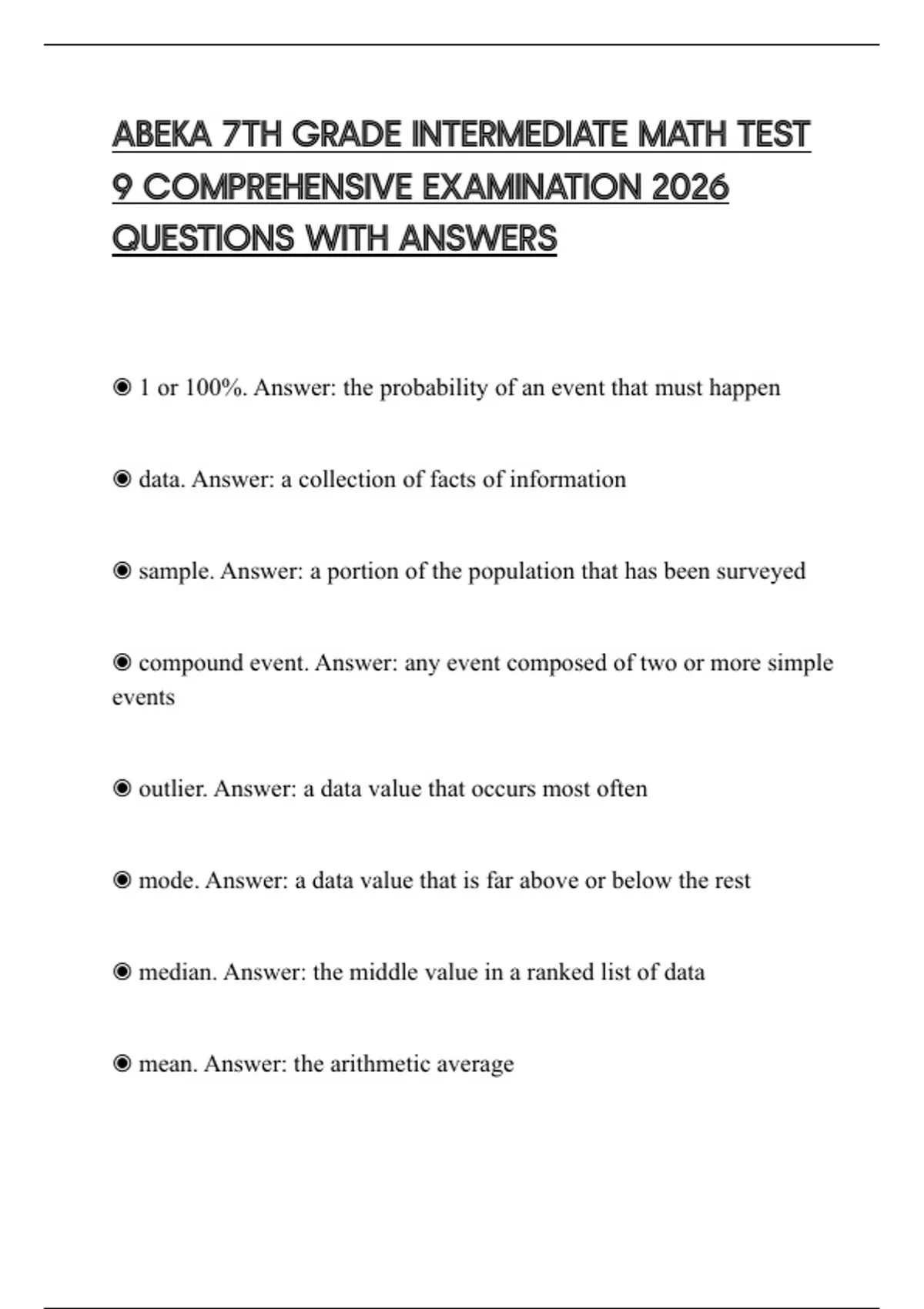 ABEKA 7TH GRADE INTERMEDIATE MATH TEST 9 COMPREHENSIVE EXAMINATION 2026 ...