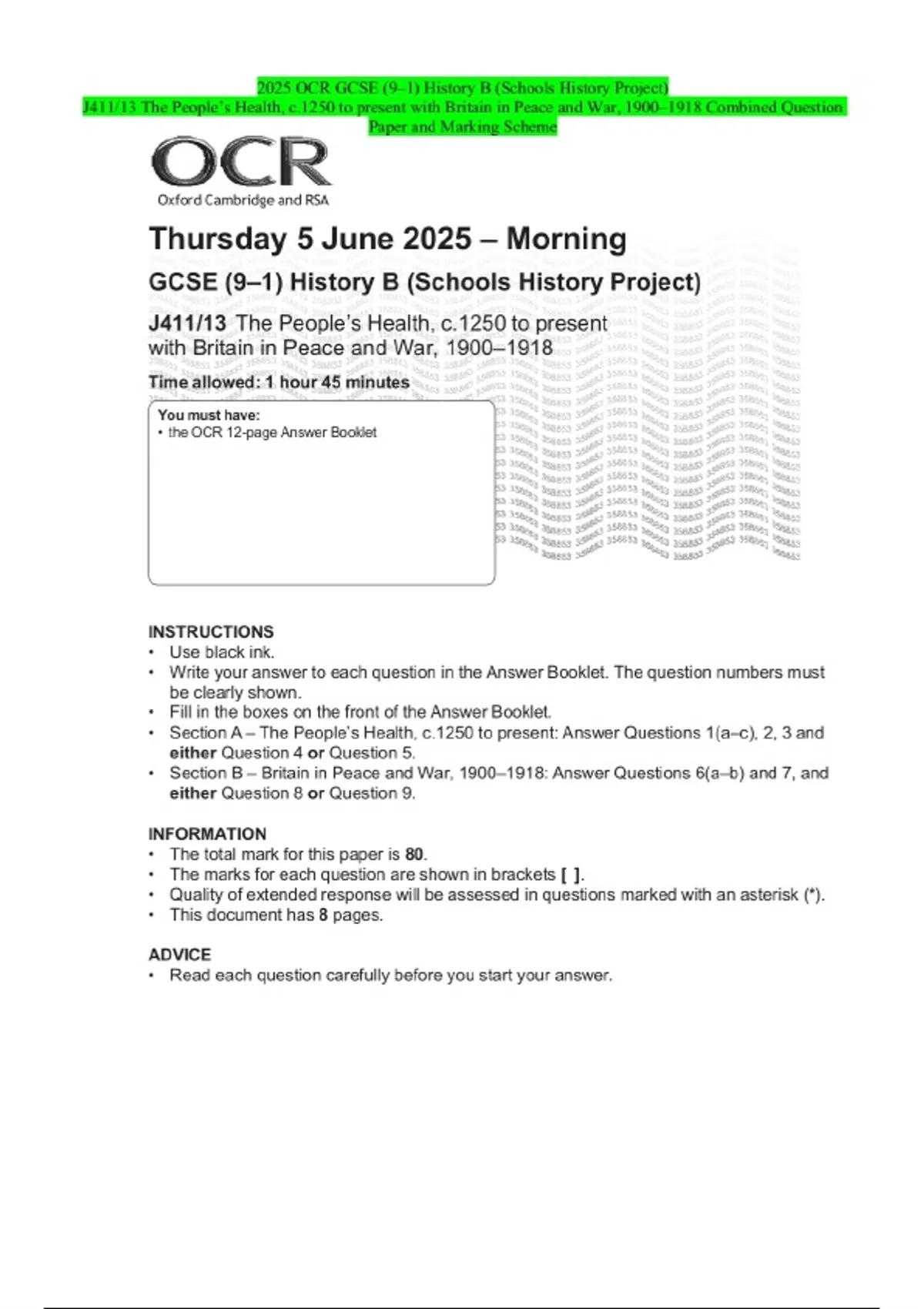 2025 OCR GCSE (9–1) History B (Schools History Project) J411/13 The ...