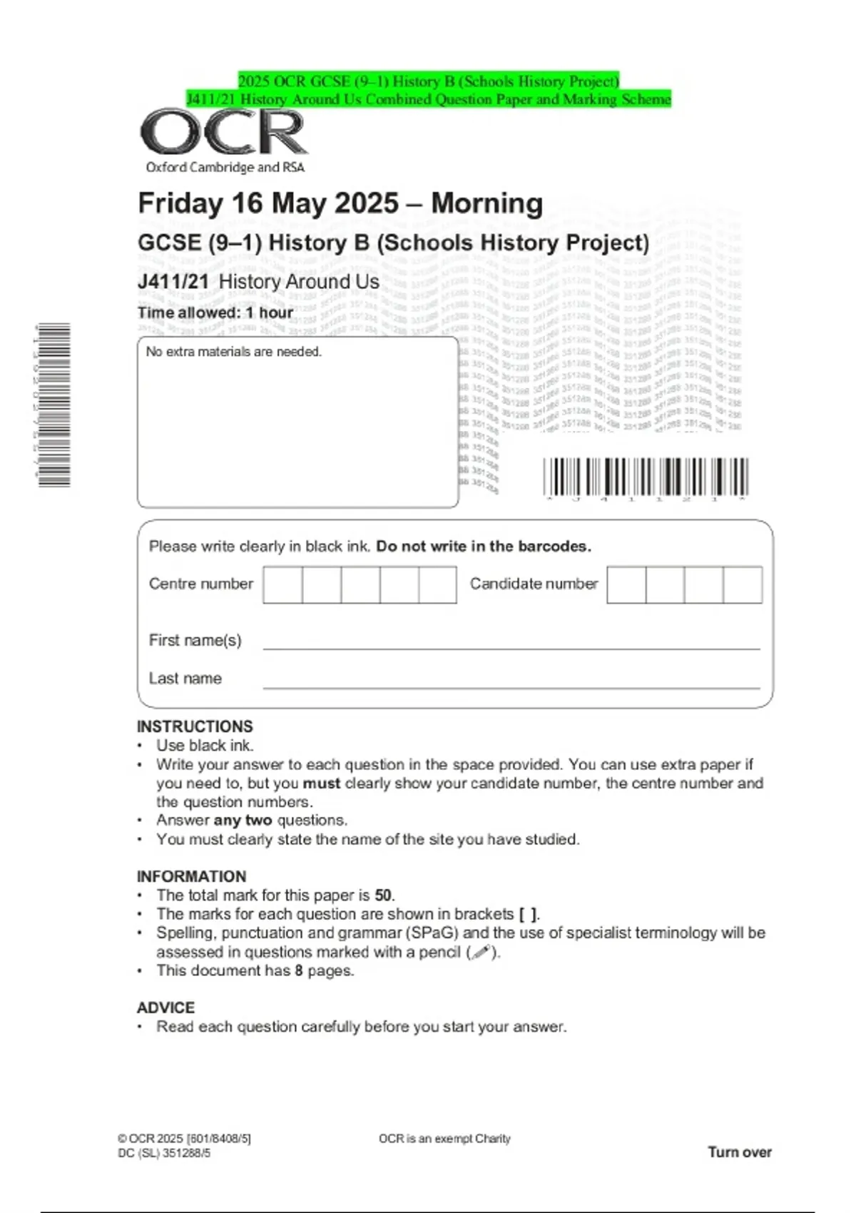 2025 OCR GCSE (9–1) History B (Schools History Project) J411/21 History ...