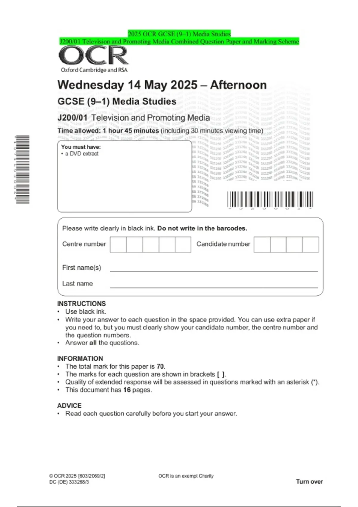2025 OCR GCSE (9–1) Media Studies J200/01 Television and Promoting ...