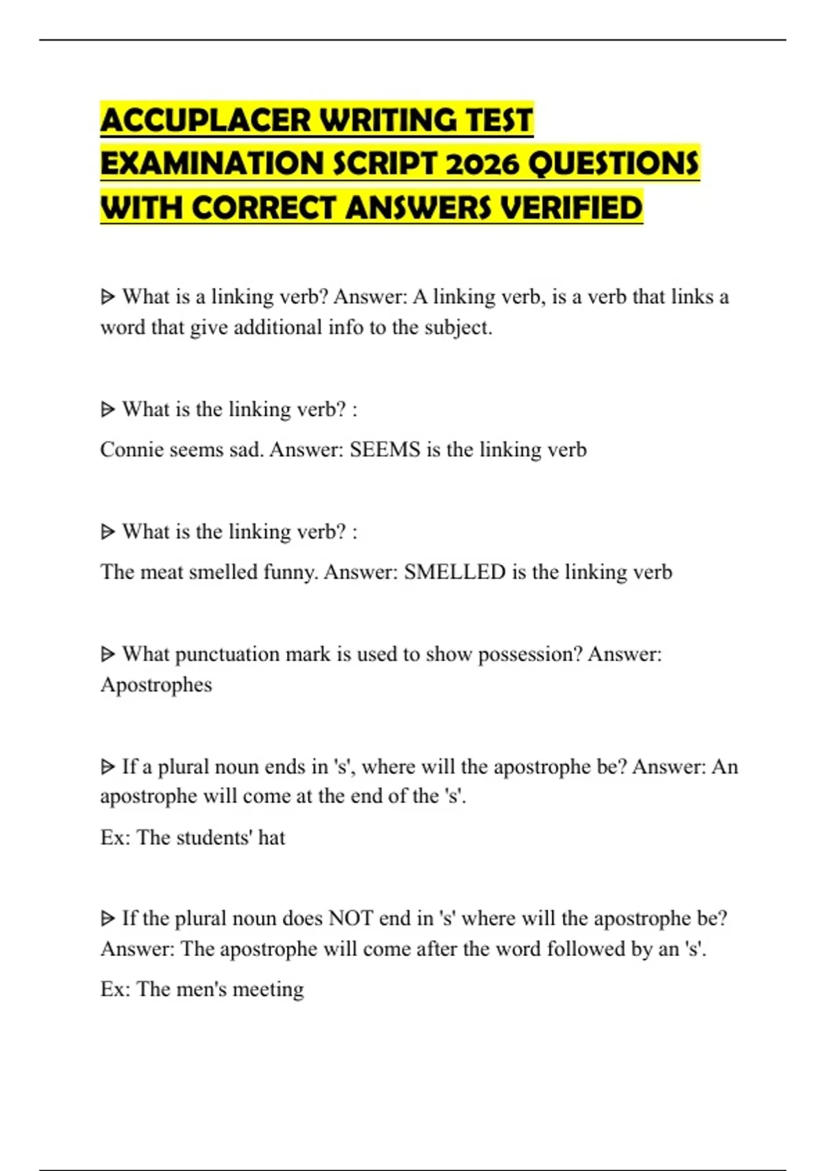 ACCUPLACER WRITING TEST EXAMINATION SCRIPT 2026 QUESTIONS WITH CORRECT ...