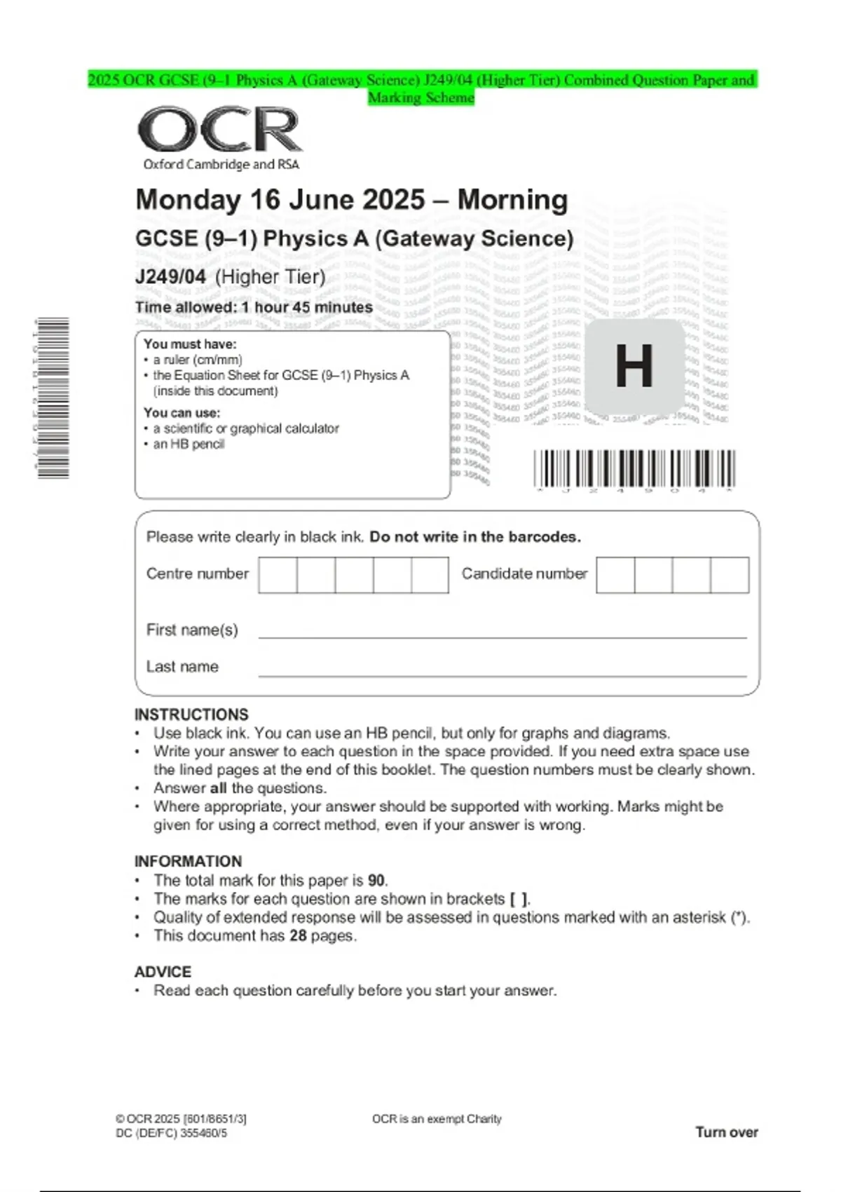 PACKAGE DEAL-::2025 OCR GCSE (9–1 Physics A (Gateway Science) Exams|COMBINED QUESTION PAPER AND ...