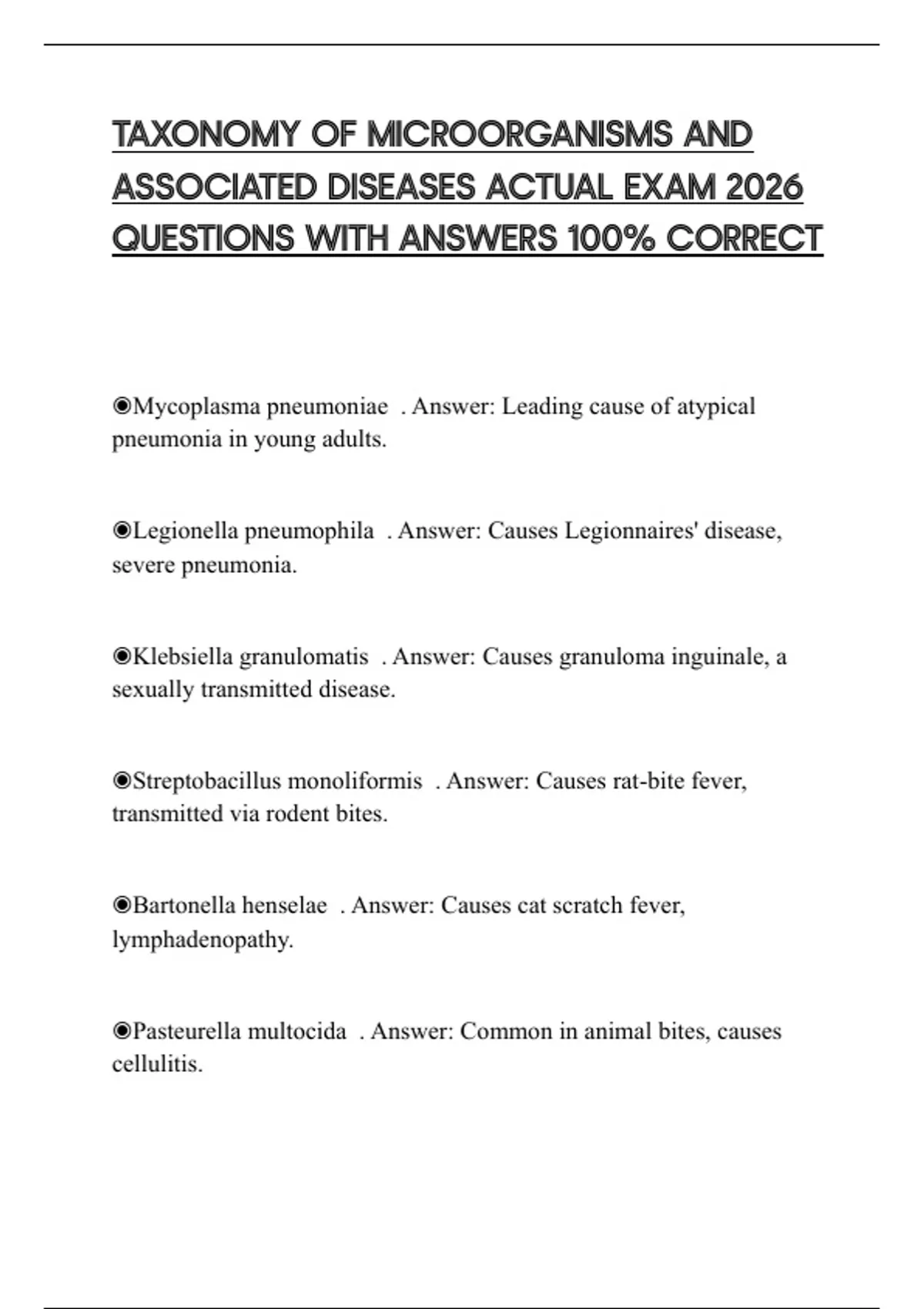 TAXONOMY OF MICROORGANISMS AND ASSOCIATED DISEASES ACTUAL EXAM 2026 ...