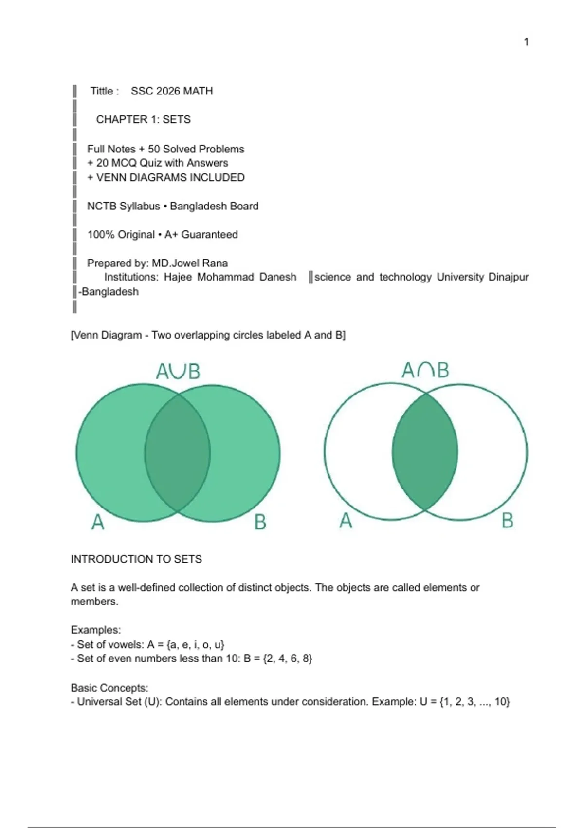 Summary SSC 2026 Math Chapter 1: Sets – Full Notes + Venn Diagrams + 20 ...