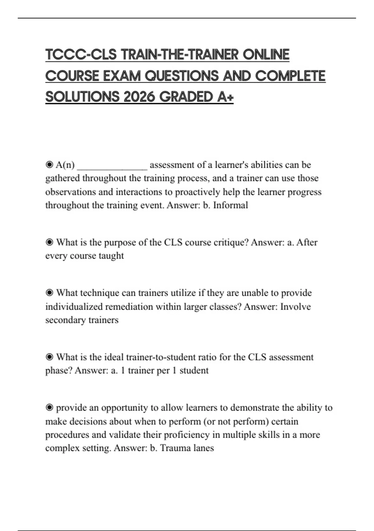 TCCC-CLS TRAIN-THE-TRAINER ONLINE COURSE EXAM QUESTIONS AND COMPLETE ...