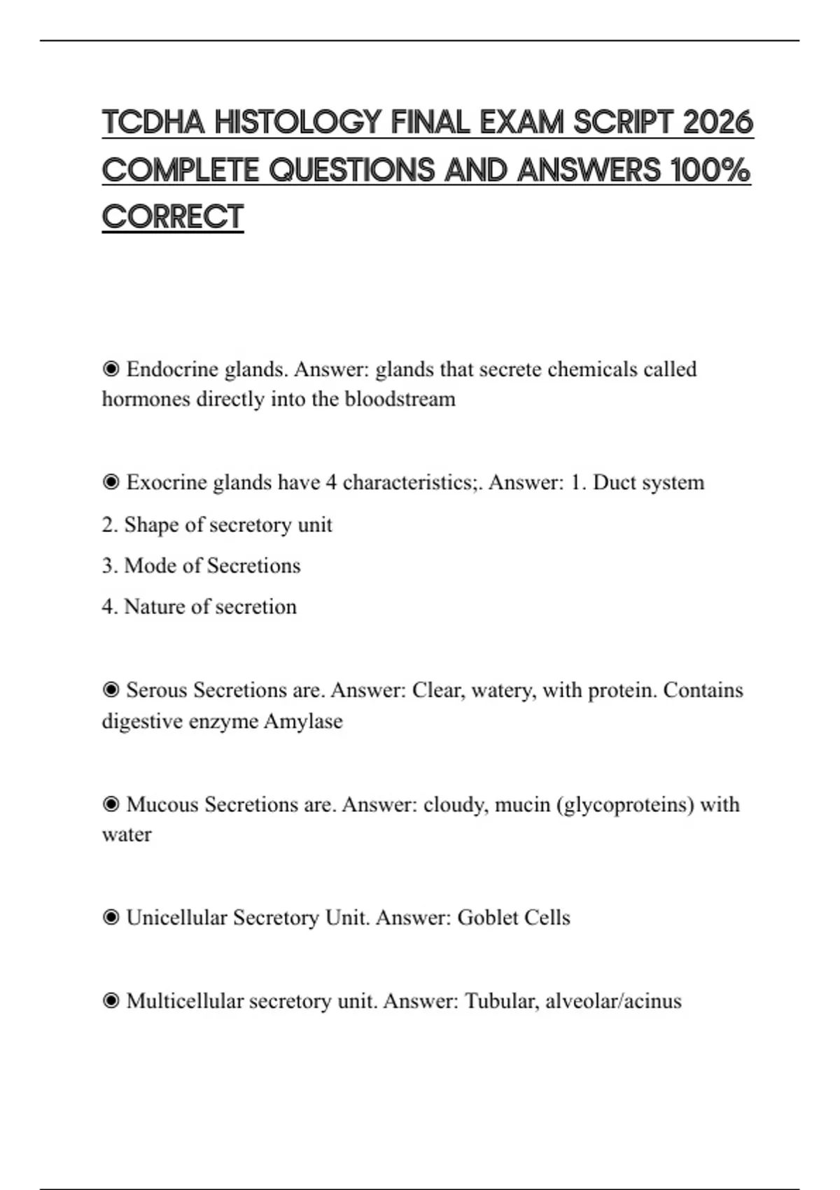 TCDHA HISTOLOGY FINAL EXAM SCRIPT 2026 COMPLETE QUESTIONS AND ANSWERS ...