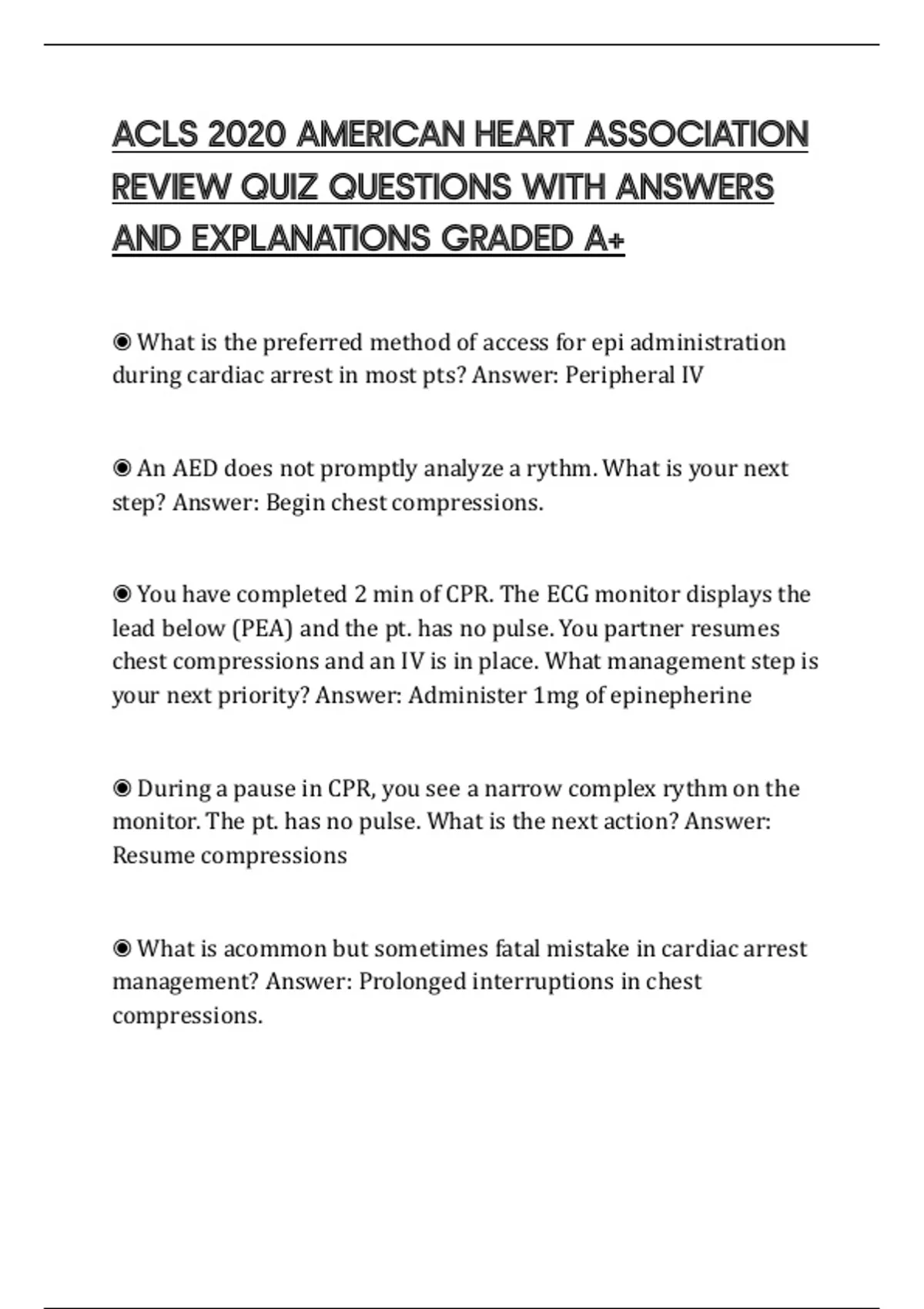 ACLS 2020 AMERICAN HEART ASSOCIATION REVIEW QUIZ QUESTIONS WITH ANSWERS ...