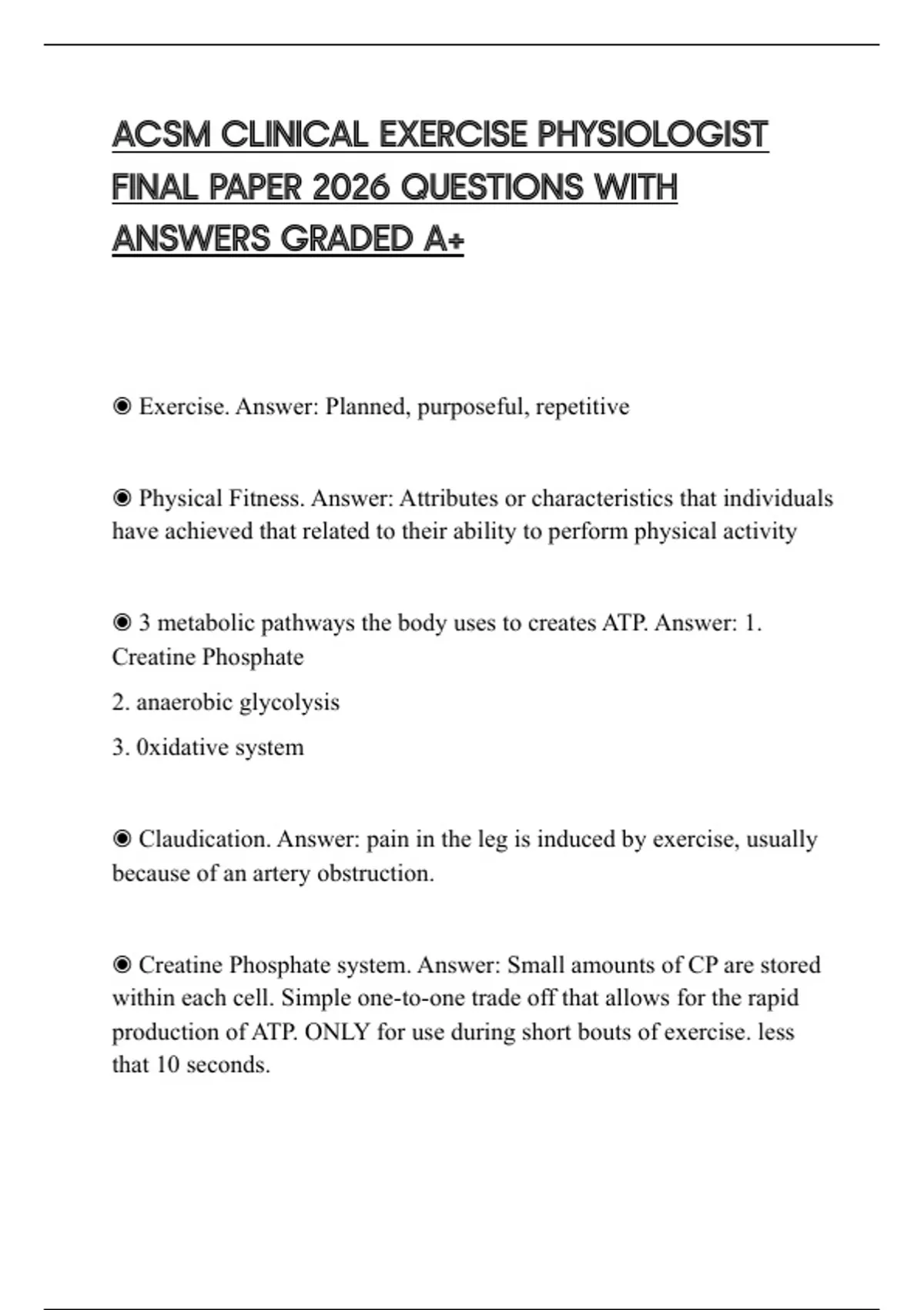 ACSM CLINICAL EXERCISE PHYSIOLOGIST FINAL PAPER 2026 QUESTIONS WITH ...
