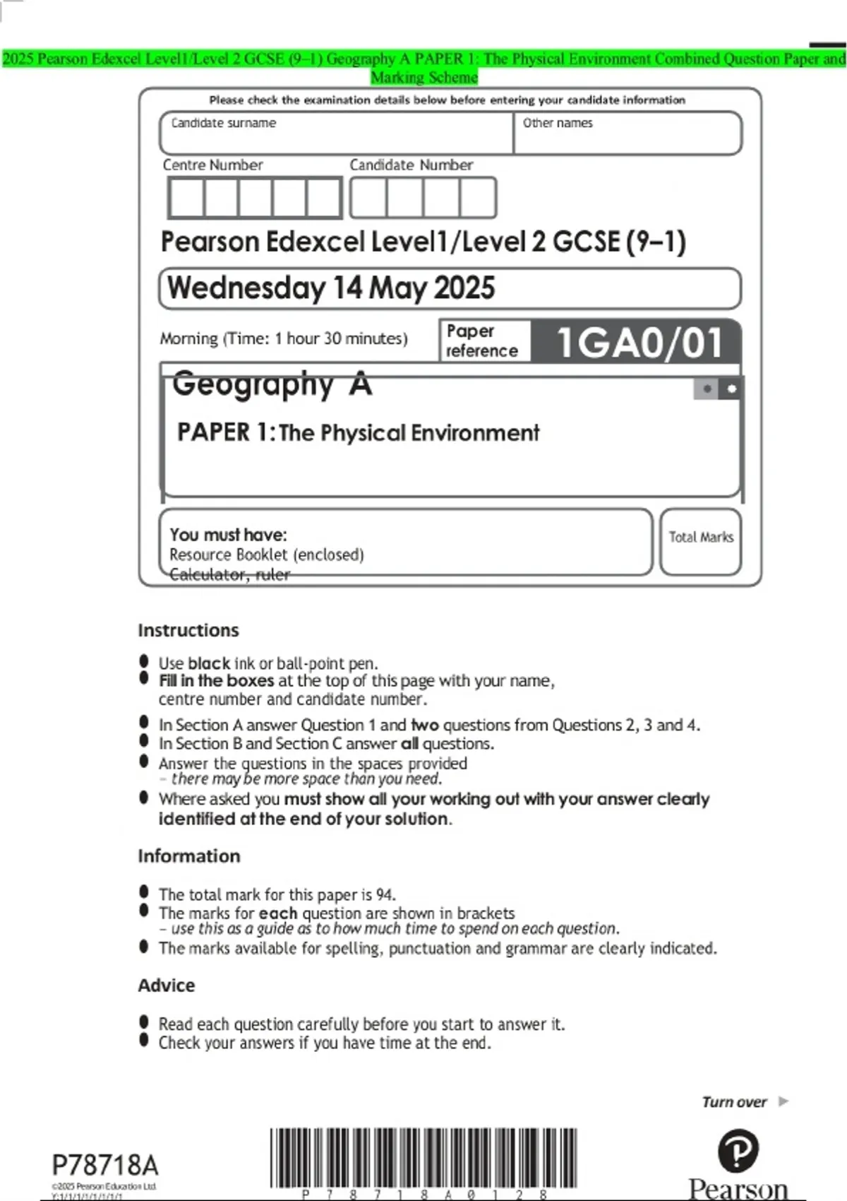 2025 Pearson Edexcel Level1/Level 2 GCSE (9–1) Geography A PAPER 1: The ...