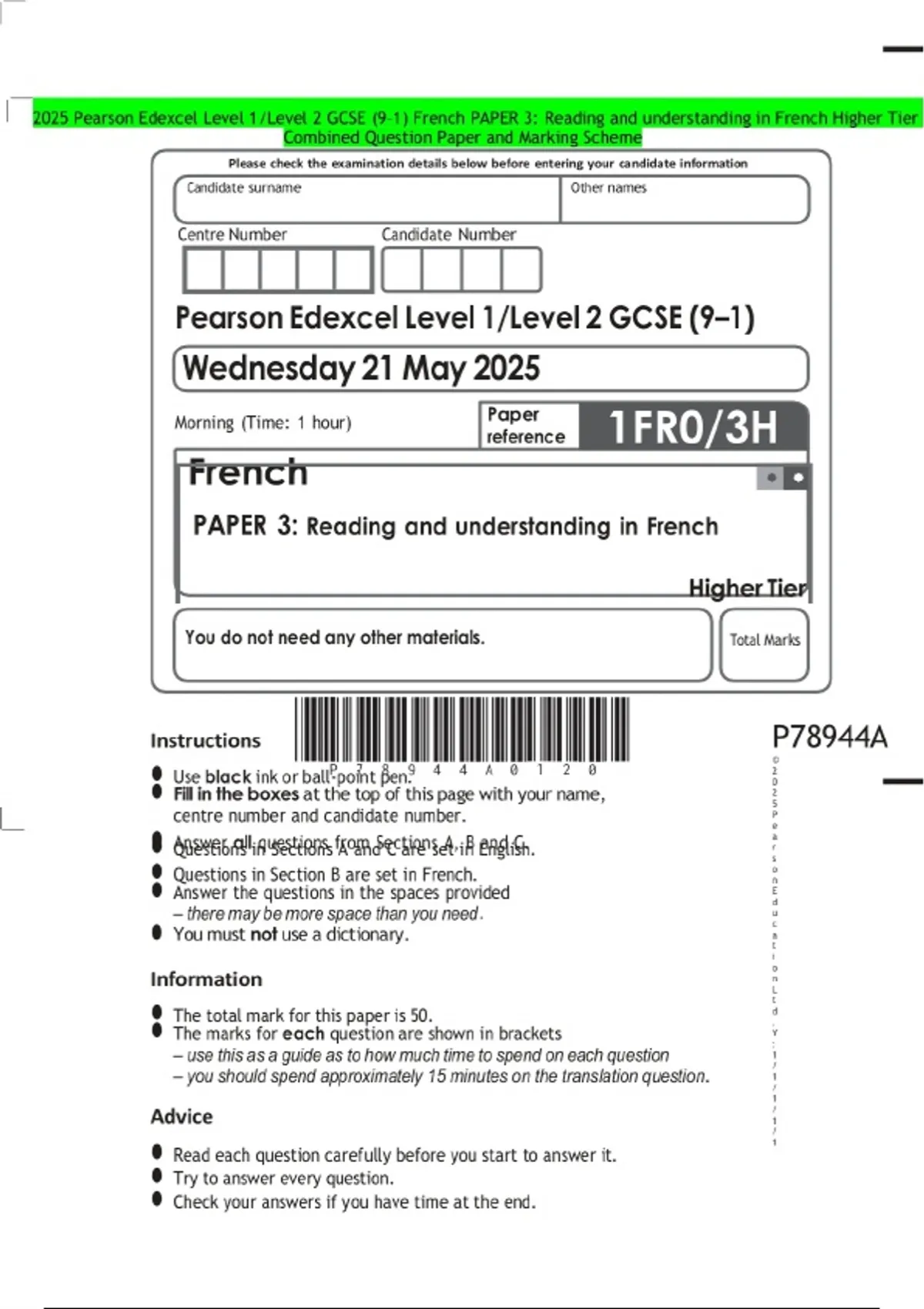 2025 Pearson Edexcel Level 1/Level 2 GCSE (9–1) French PAPER 3: Reading ...