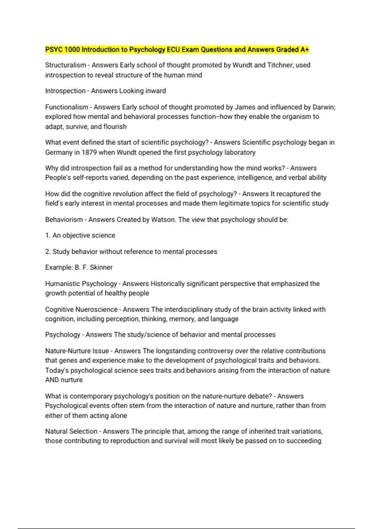PSYC 1000 Introduction to Psychology ECU Exam Questions and Answers ...