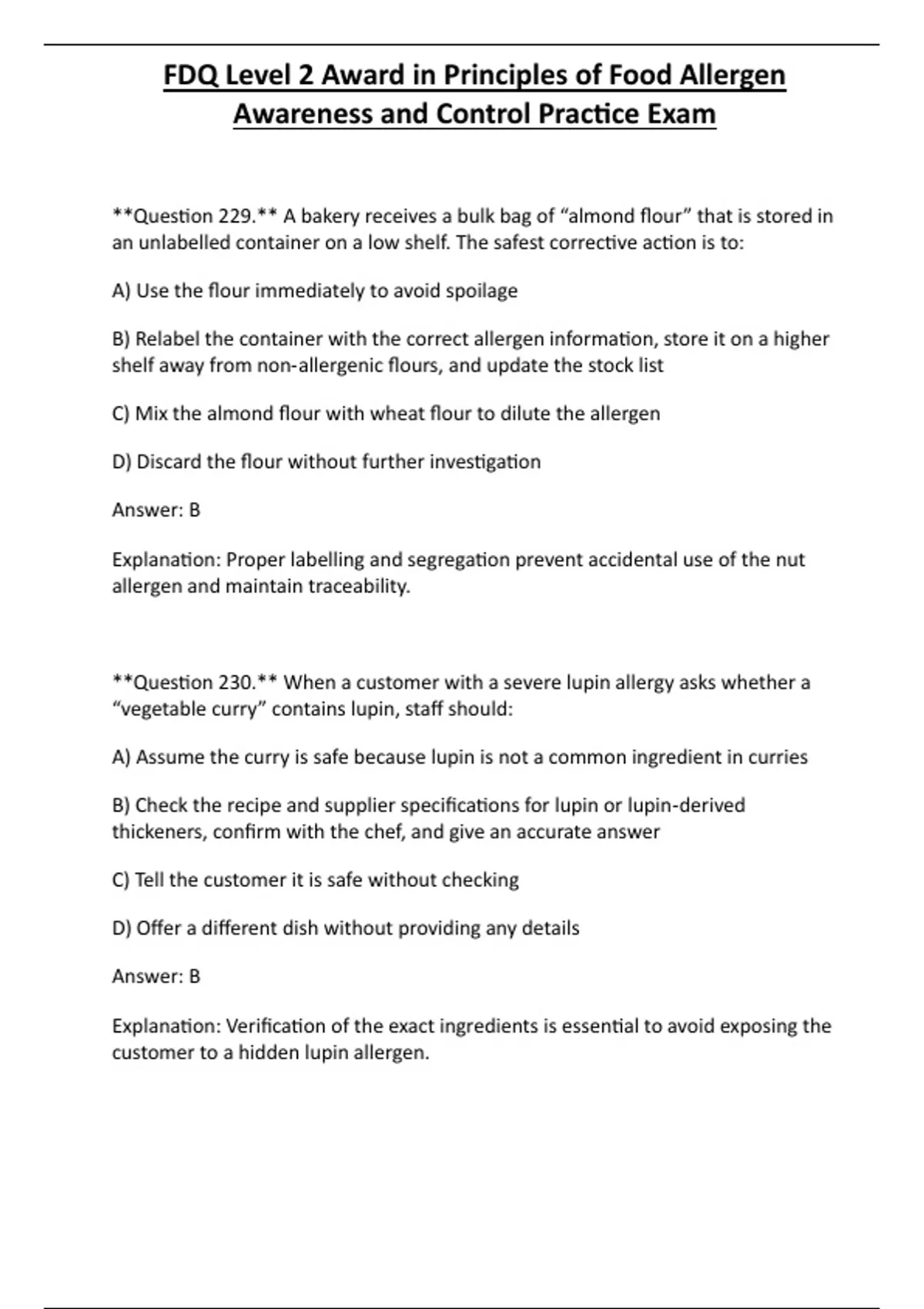 FDQ Level 2 Award in Principles of Food Allergen Awareness and Control ...