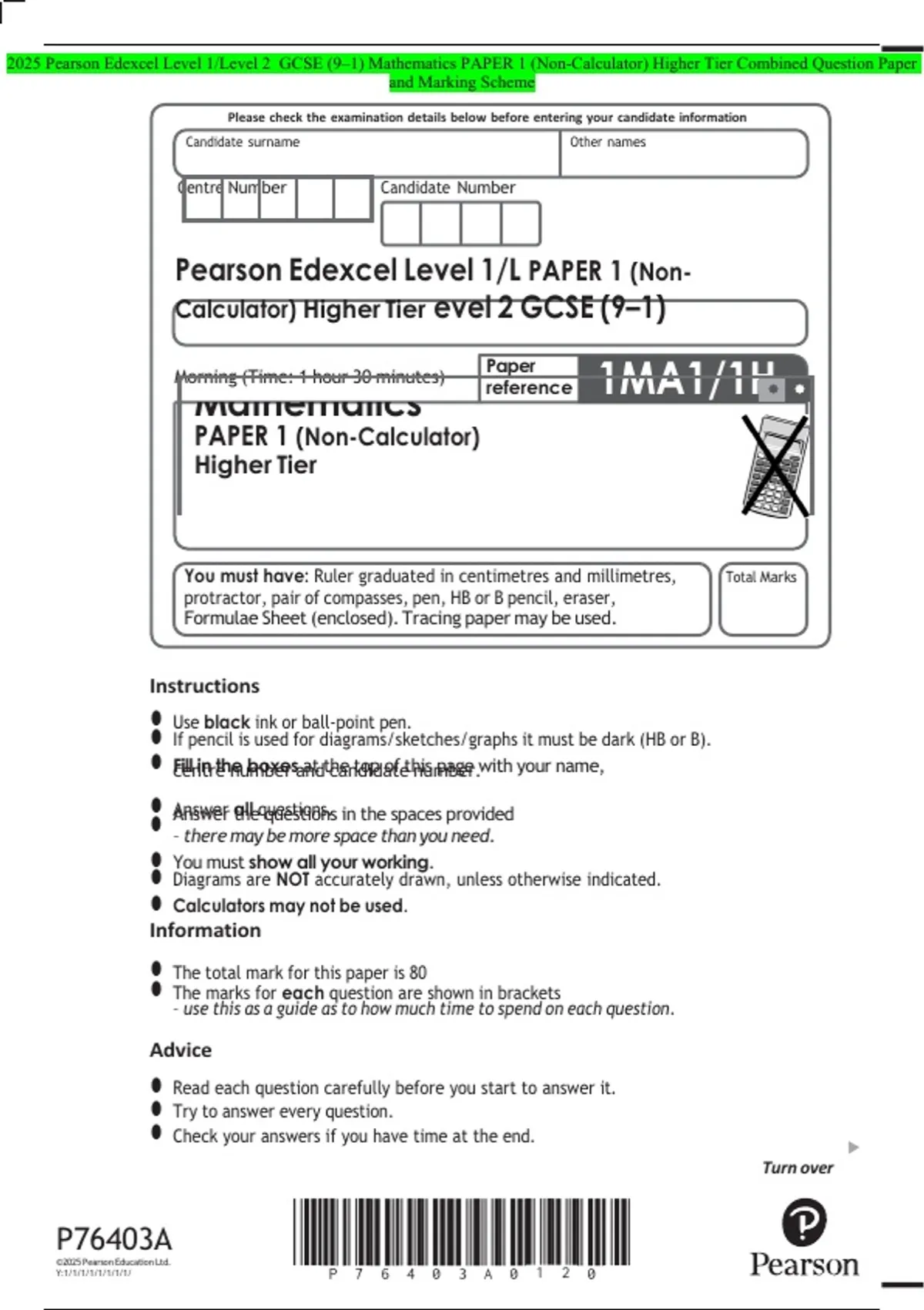 2025 Pearson Edexcel Level 1/Level 2 GCSE (9–1) Mathematics PAPER 1 ...