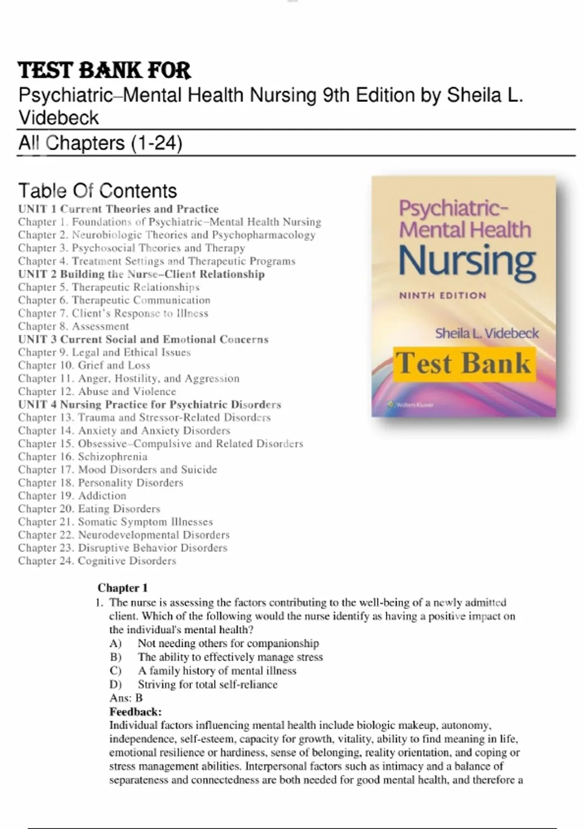 Complete Test Bank — Psychiatric–Mental Health Nursing, 9th Edition ...