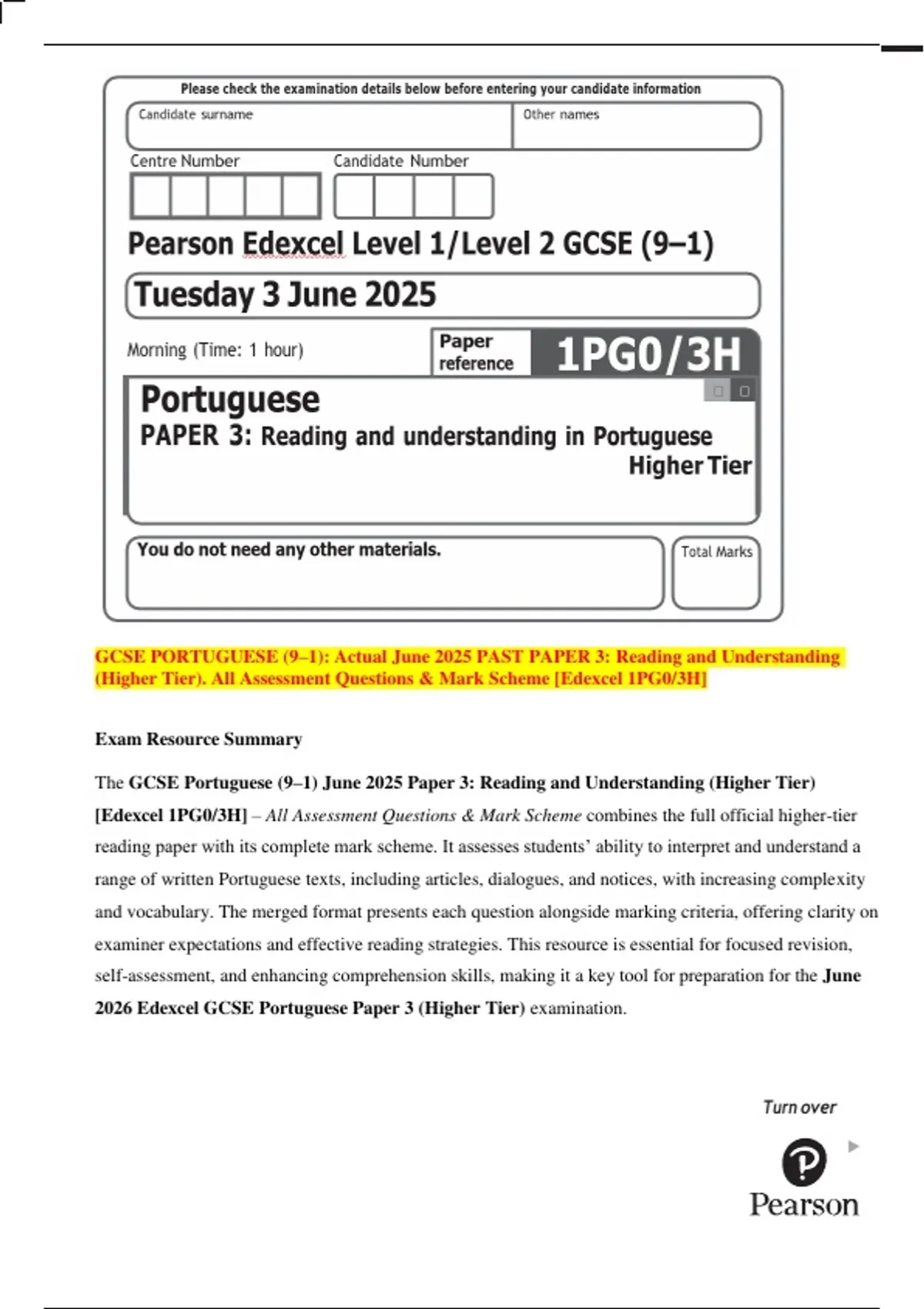 GCSE PORTUGUESE (9–1): Actual June 2025 PAST PAPER 3: Reading and ...