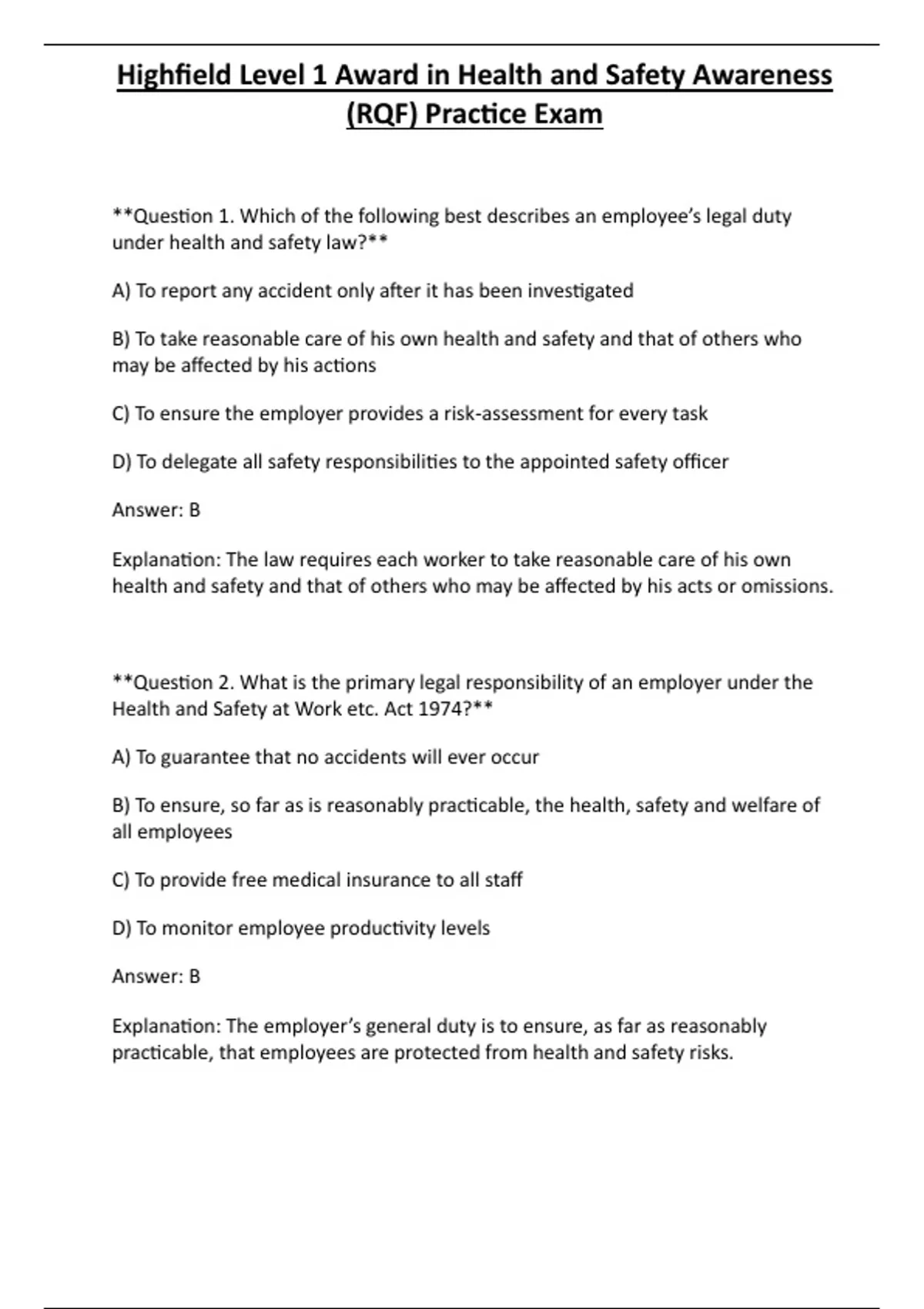 Highfield Level 1 Award in Health and Safety Awareness (RQF) Practice ...