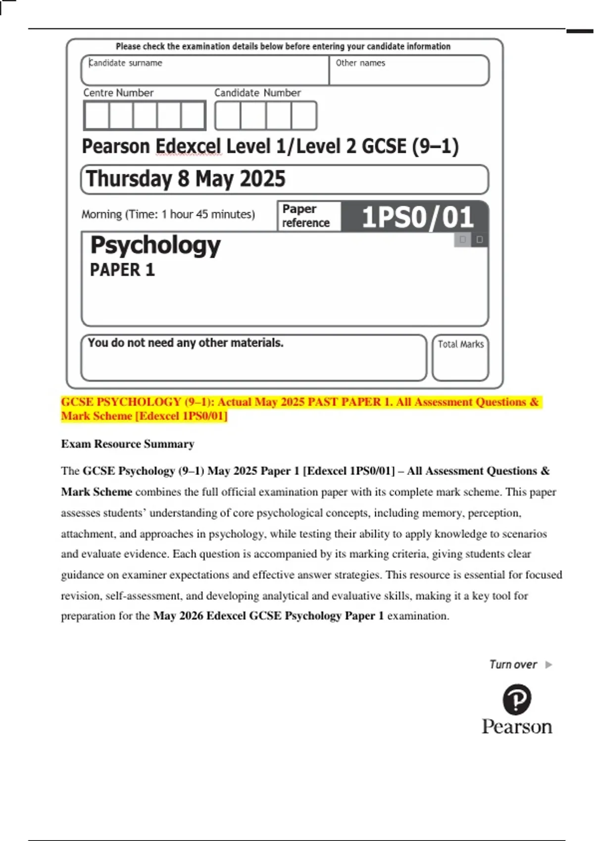 GCSE PSYCHOLOGY (9–1): Actual May 2025 PAST PAPER 1. All Assessment ...