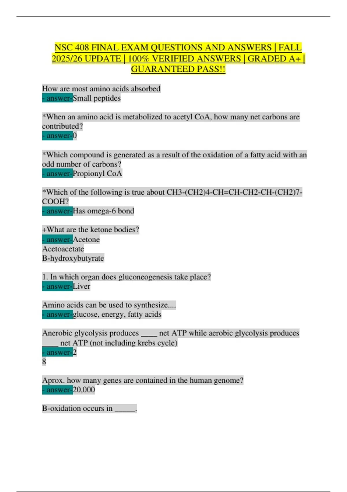 NSC 408 Final Exam Guide 2025/26: Metabolic Biochemistry, Human Nutrition & Disease Metabolism ...