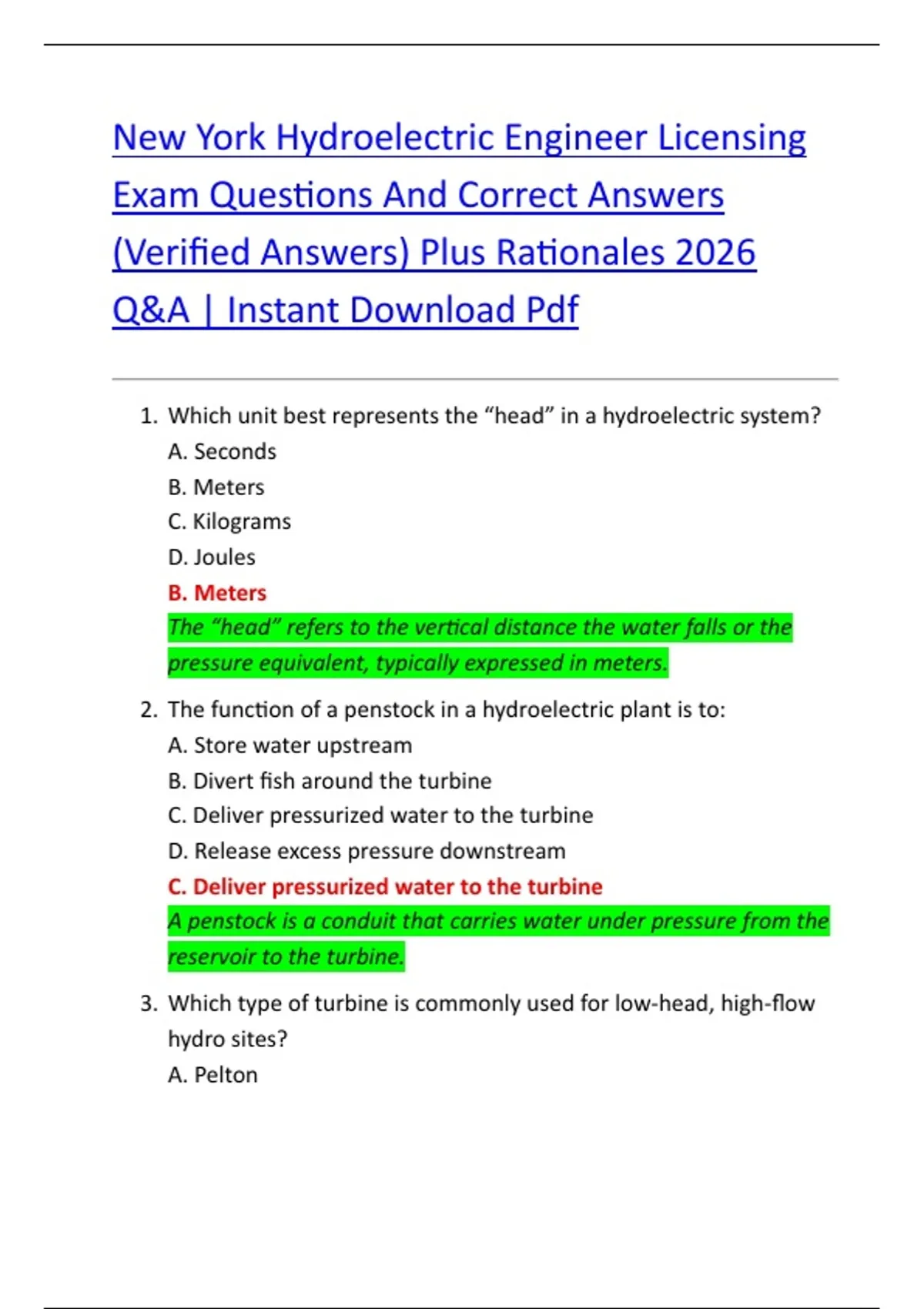 New York Hydroelectric Engineer Licensing Exam Questions And Correct ...