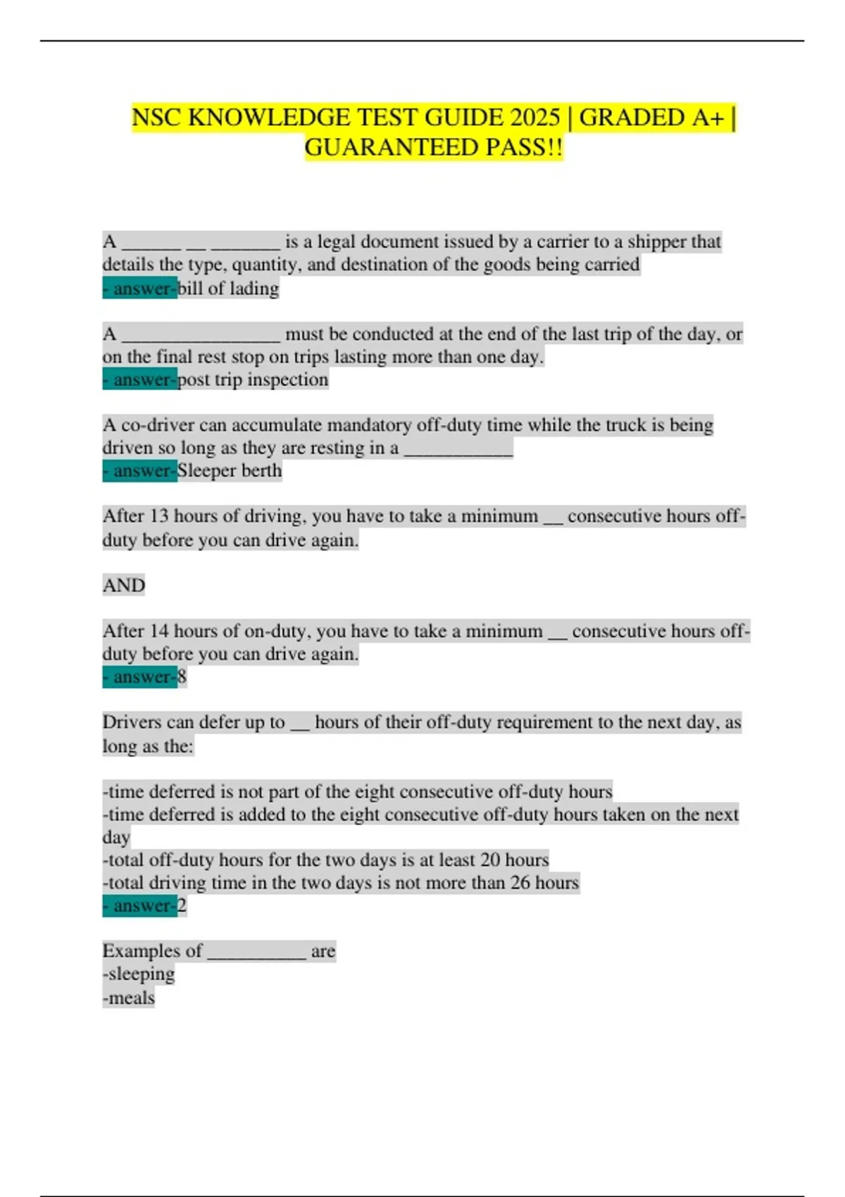 NSC Knowledge Test Guide 2025 & Lift Truck Operator Exam B 2025 ...