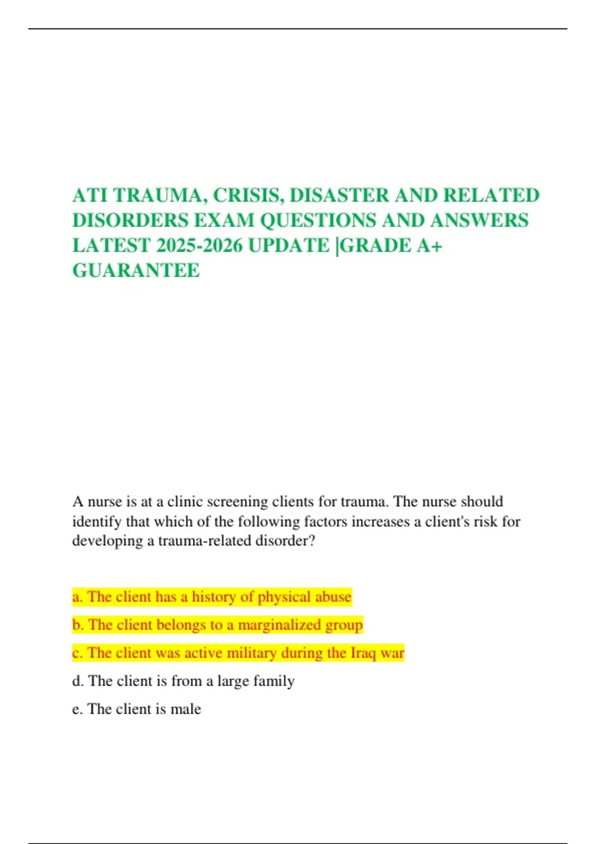 ATI TRAUMA, CRISIS, DISASTER AND RELATED DISORDERS EXAM QUESTIONS AND ...