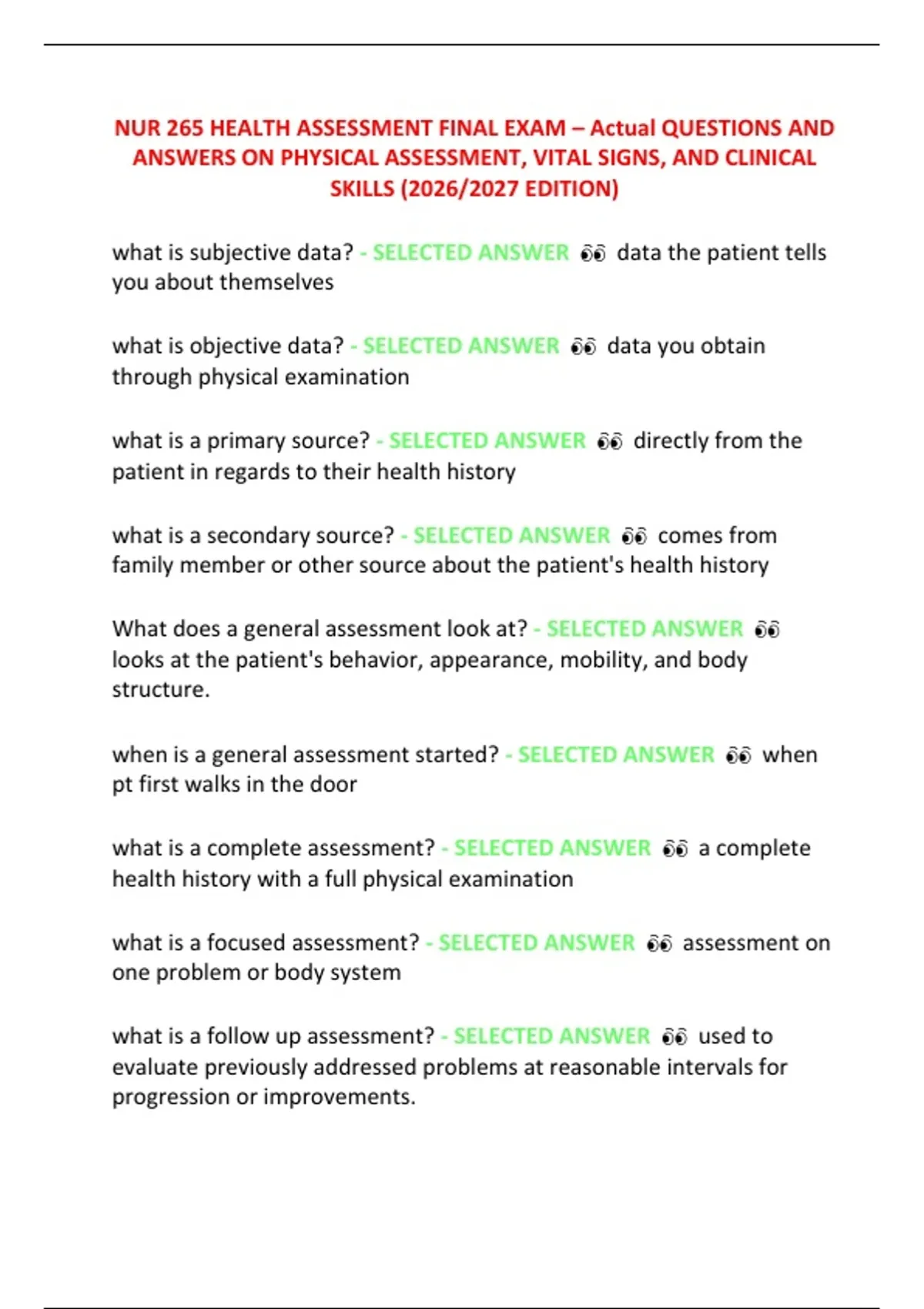 NUR 265 HEALTH ASSESSMENT FINAL EXAM – Actual QUESTIONS AND ANSWERS ON ...
