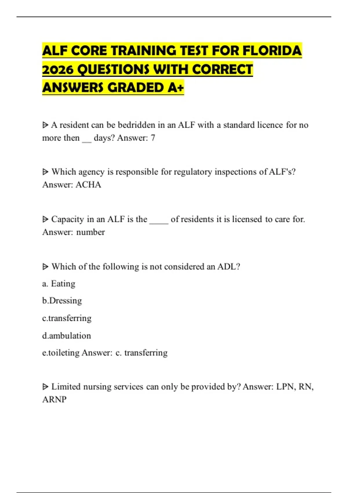 ALF CORE TRAINING EXAM 2026 VERIFIED QUESTIONS AND COMPLETE SOLUTIONS ...