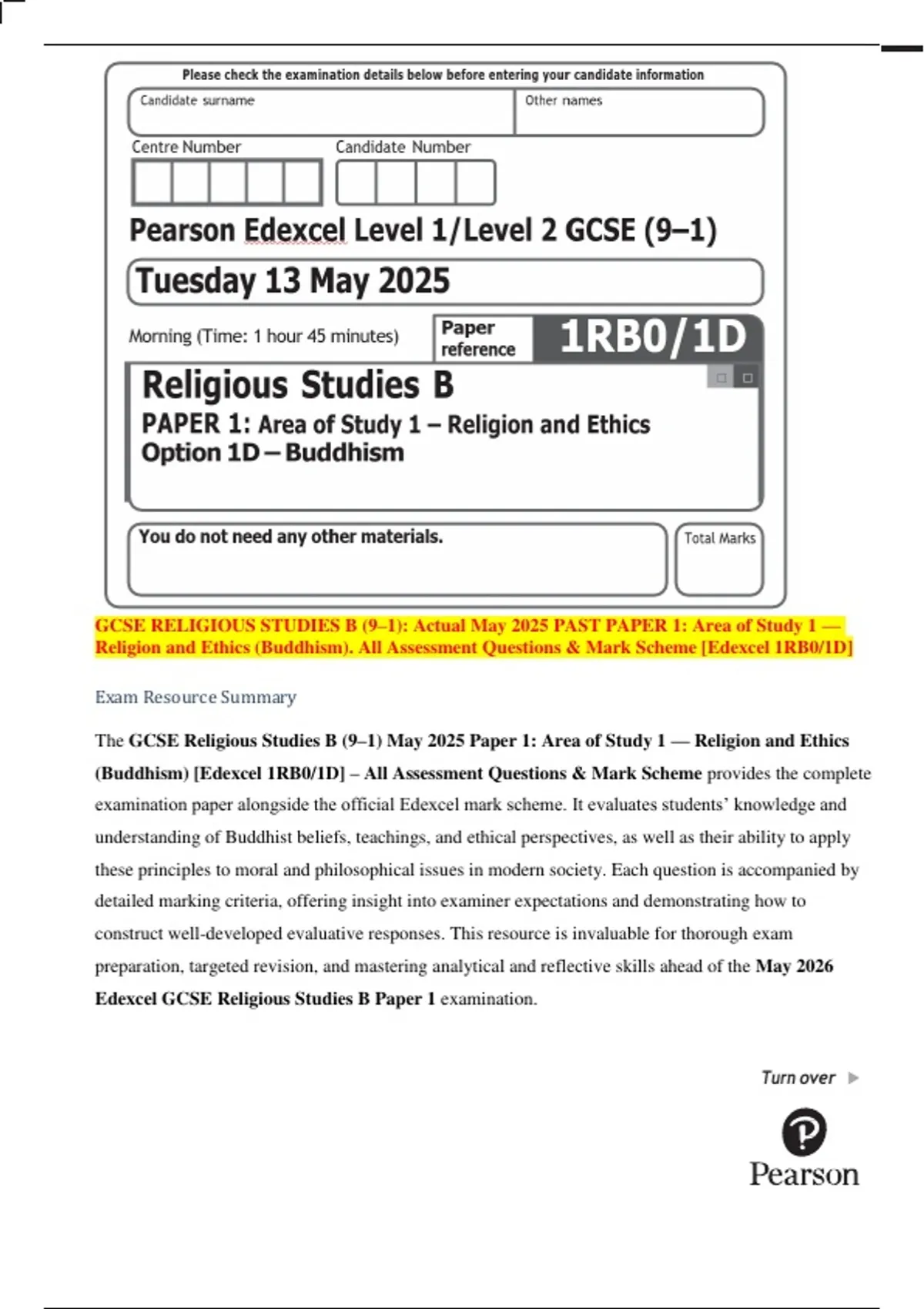 GCSE RELIGIOUS STUDIES B (9–1): Actual May 2025 PAST PAPER 1: Area of ...