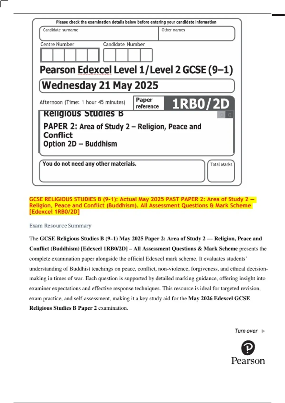 GCSE RELIGIOUS STUDIES B (9–1): Actual May 2025 PAST PAPER 2: Area of ...