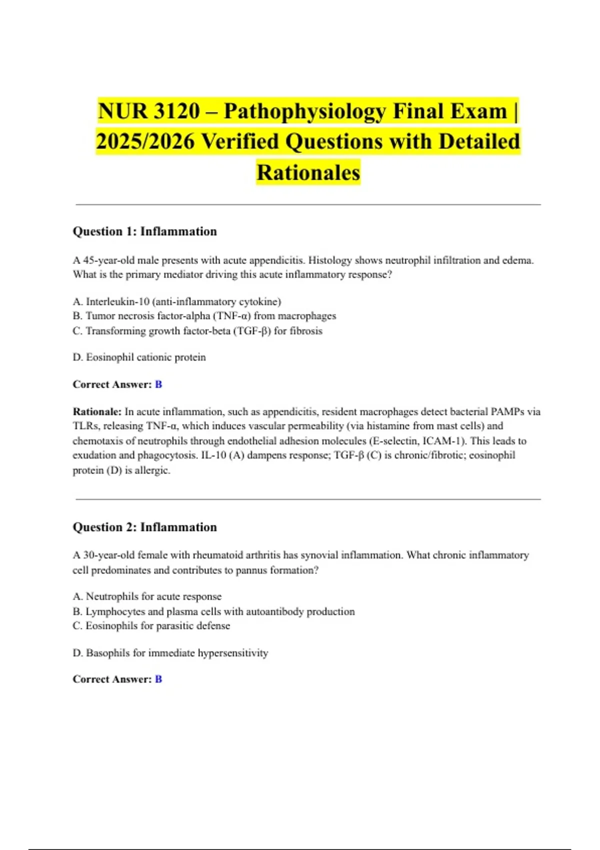 NUR 3120 – Pathophysiology Final Exam | 2025/2026 Verified Questions ...
