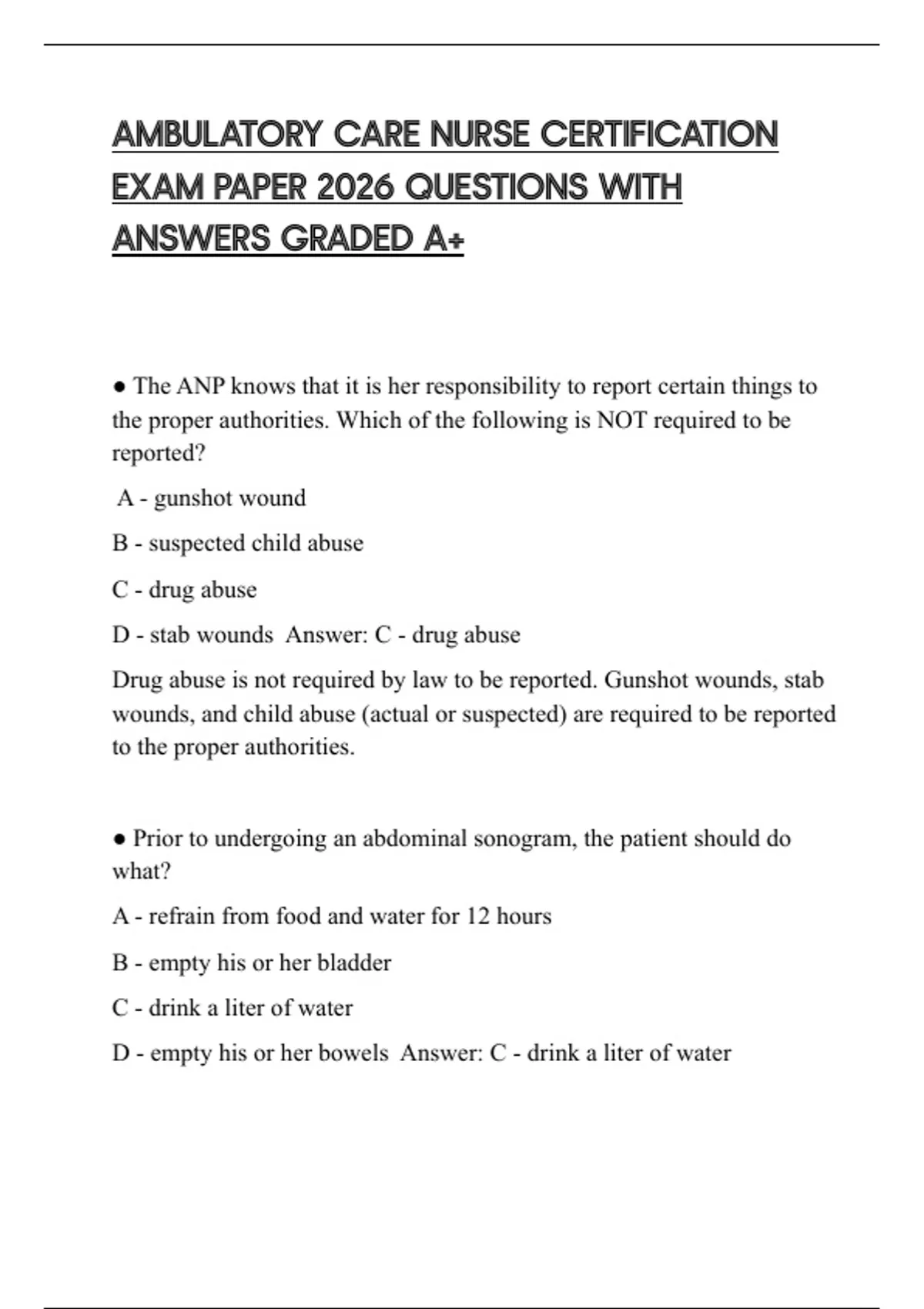 AMBULATORY CARE NURSE CERTIFICATION EXAM PAPER 2026 QUESTIONS WITH ...