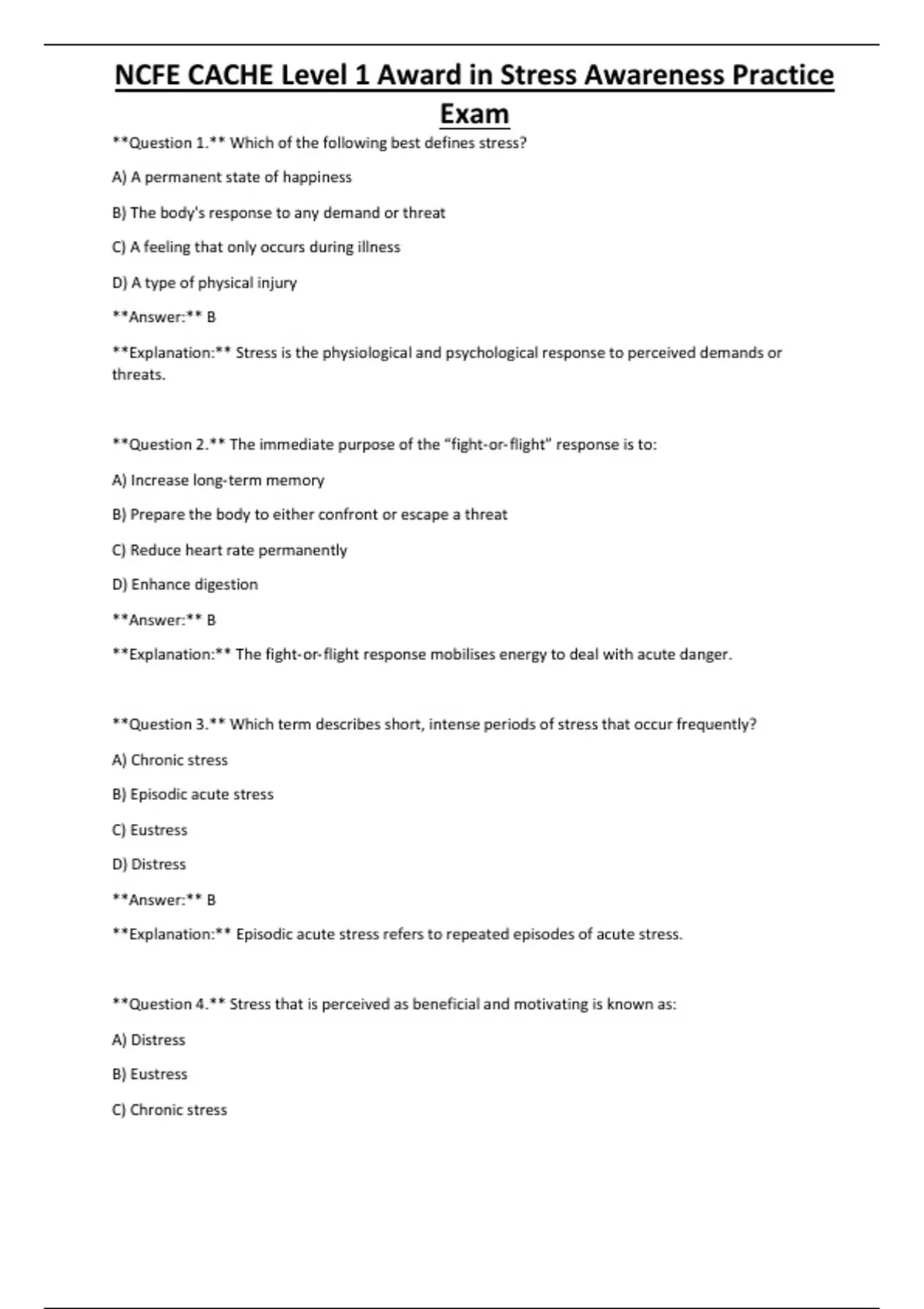 NCFE CACHE Level 1 Award in Stress Awareness Practice Exam - Computer ...