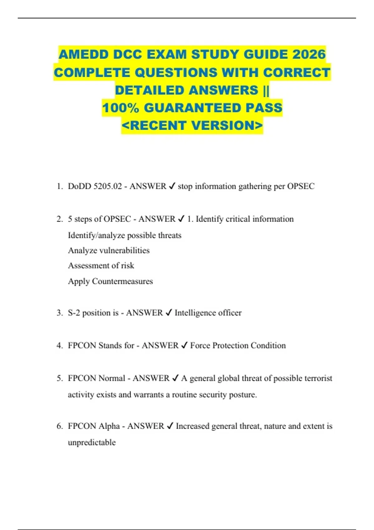 AMEDD DCC EXAM STUDY GUIDE 2026 COMPLETE QUESTIONS WITH CORRECT ...