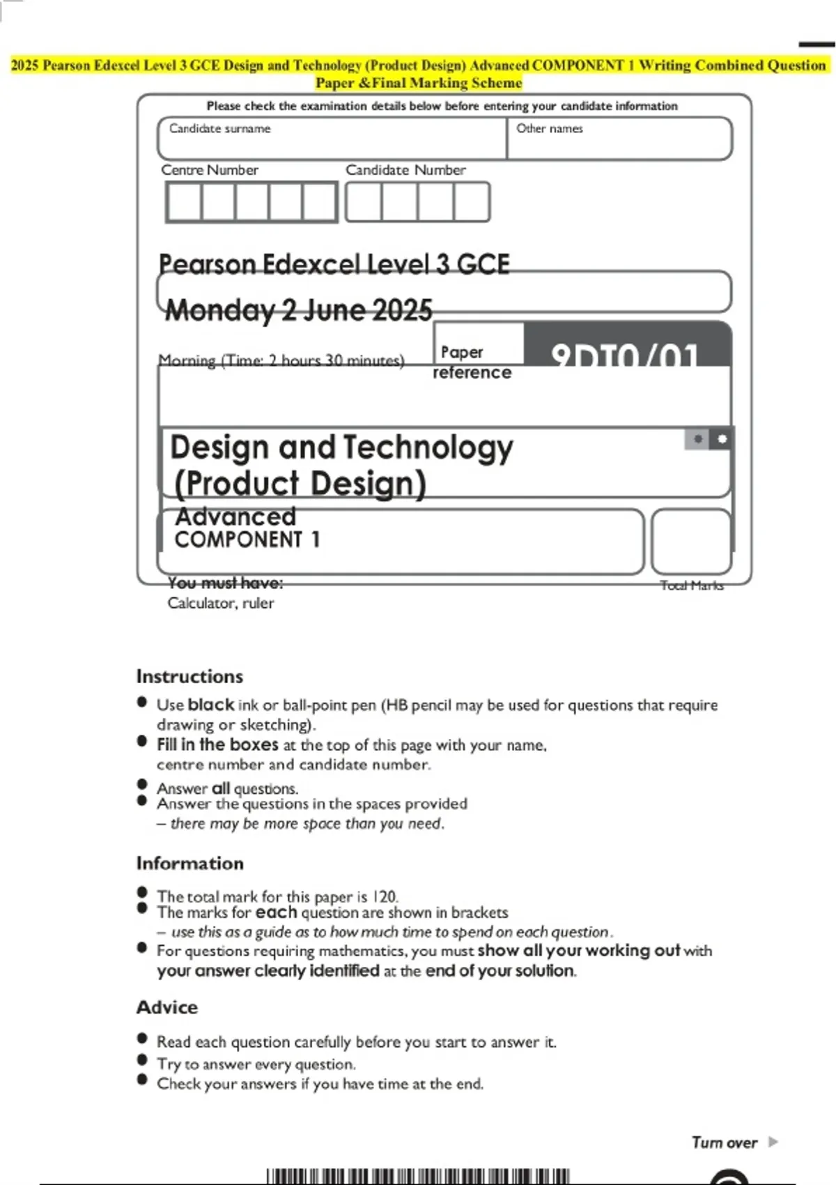 2025 Pearson Edexcel Level 3 GCE Design and Technology (Product Design ...